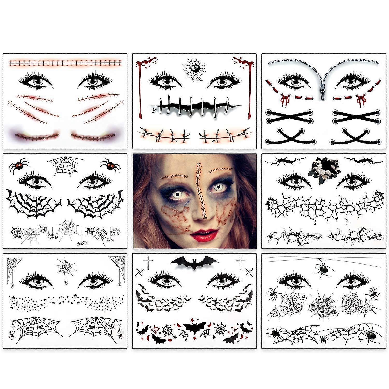 9 Pack Halloween Tattoos Crawling Spider Bat Tattoos Fake Scars Spider ...