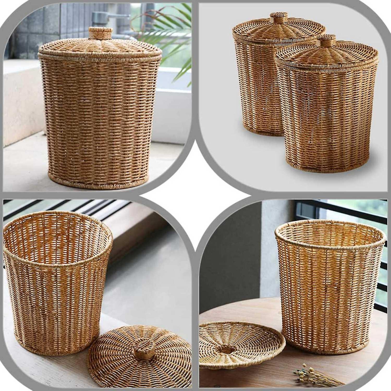 Woven Basket Trash Can Round Rattan Waste Basket with Lid Planter Woven ...