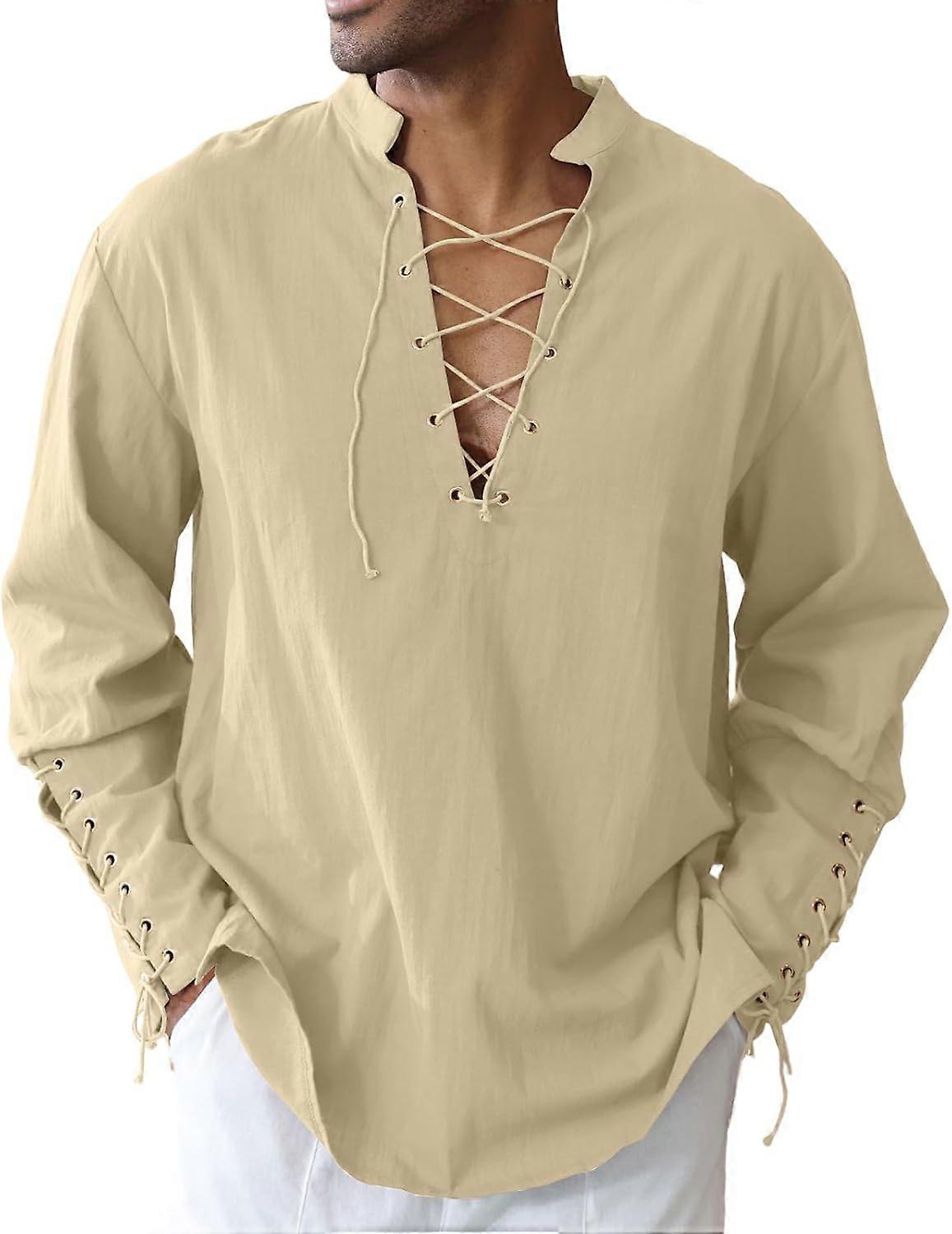 Men's Cotton Linen Shirt Drawstring Arm Banded Tops Medieval Viking ...