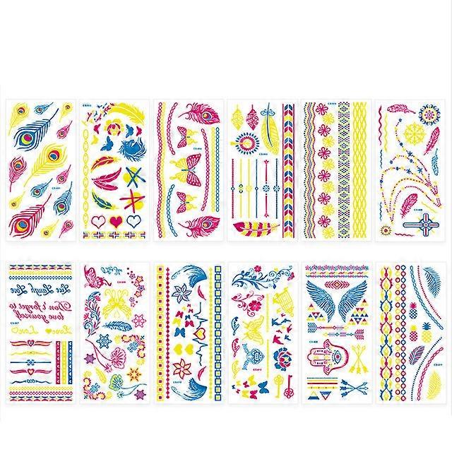 12 Sheets Neon Temporary Tattoo - Feather Designs Glow in the Dark Neon ...