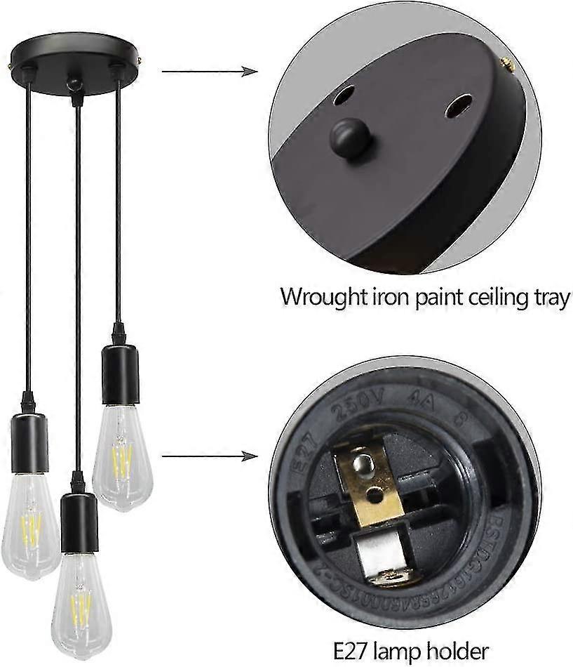Byx Loft Vintage 3-lamp Suspension Holder Black Cable Pendant Light For ...