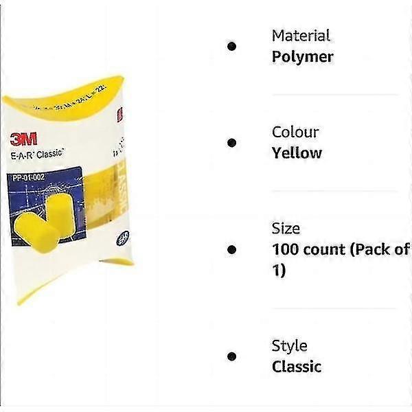 3m Ear Classic Earplugs, 50 pairs packed in pairs, Yellow, Snr 28db ...