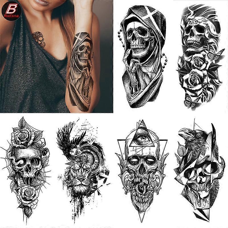 Black skull halloween skeleton temporary tattoo for men adults ...