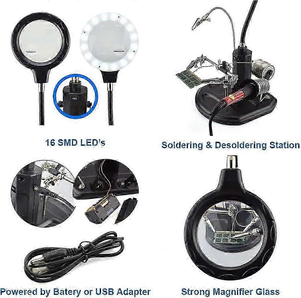 2.5X to 4X Magnifying Glass, LED Lamp, Soldering Iron Stand with Clamps ...