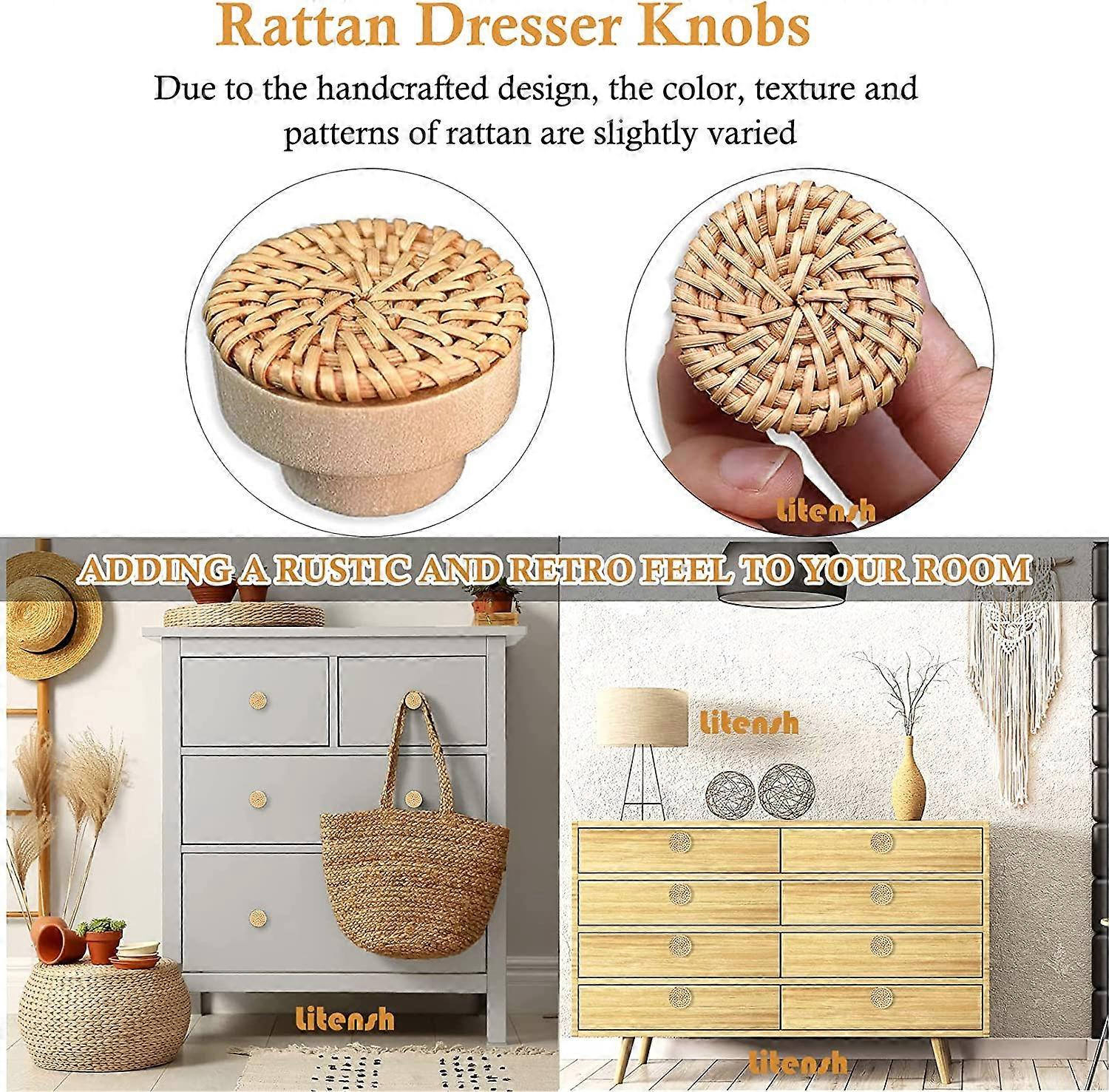 Set of 6 Bohemian Round Rattan Drawer Knobs - Vintage Decorative Drawer ...