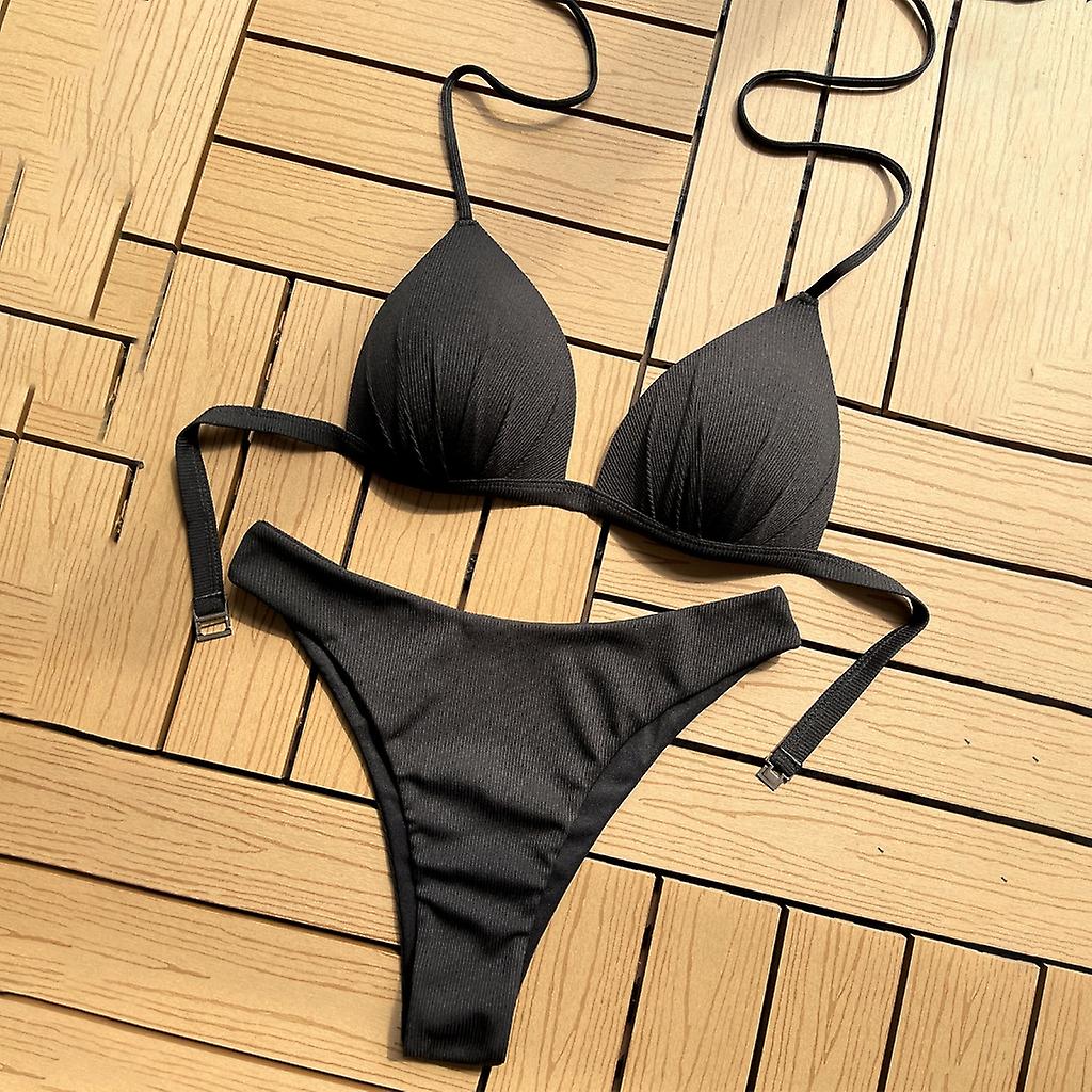 Solid Swimsuit Two Pieces Bathing Suit Halter Top and Triangle Bikini ...