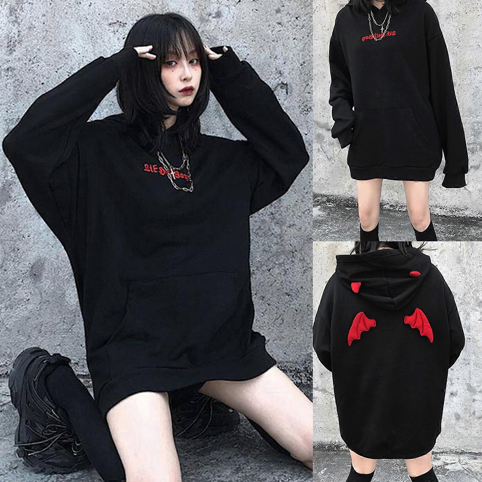 Black Devil Ears and Wing Long Sleeve Sweater with Hoodie Pullover for ...