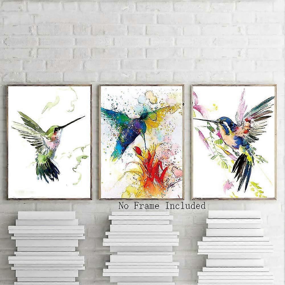 Set of 3 Abstract Watercolor Bird PosterHummingbird And Flowers Art ...
