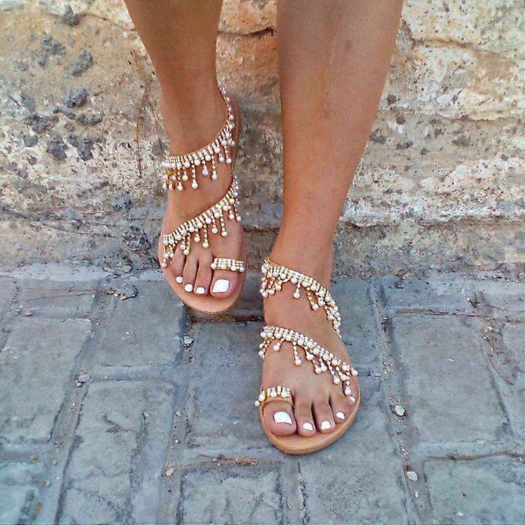 Women's Bohemia Bling Rhinestone Pearl Flat Gladiator Sandals Toe Ring ...