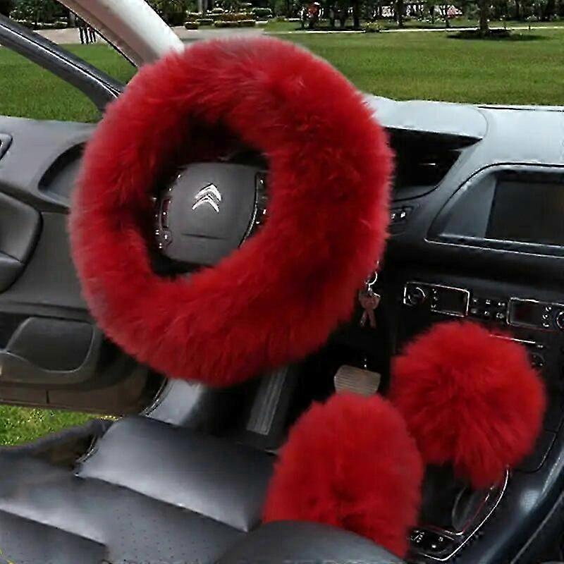 3PCS Set Real Wool Fur Soft Steering Wheel Covers Furry Long Hair ...