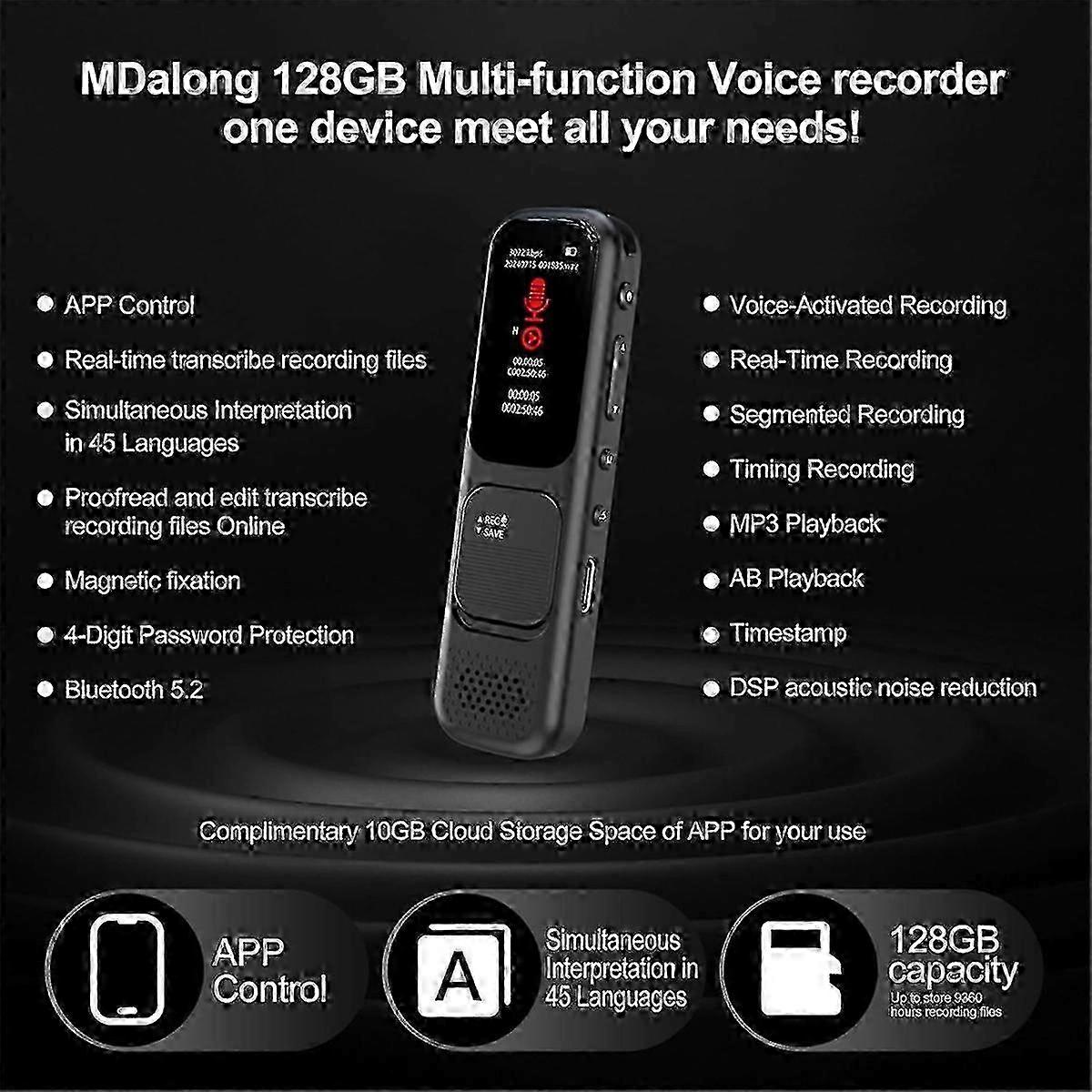 128GB Digital Voice Recorder with APP,Portable Recorder with ...