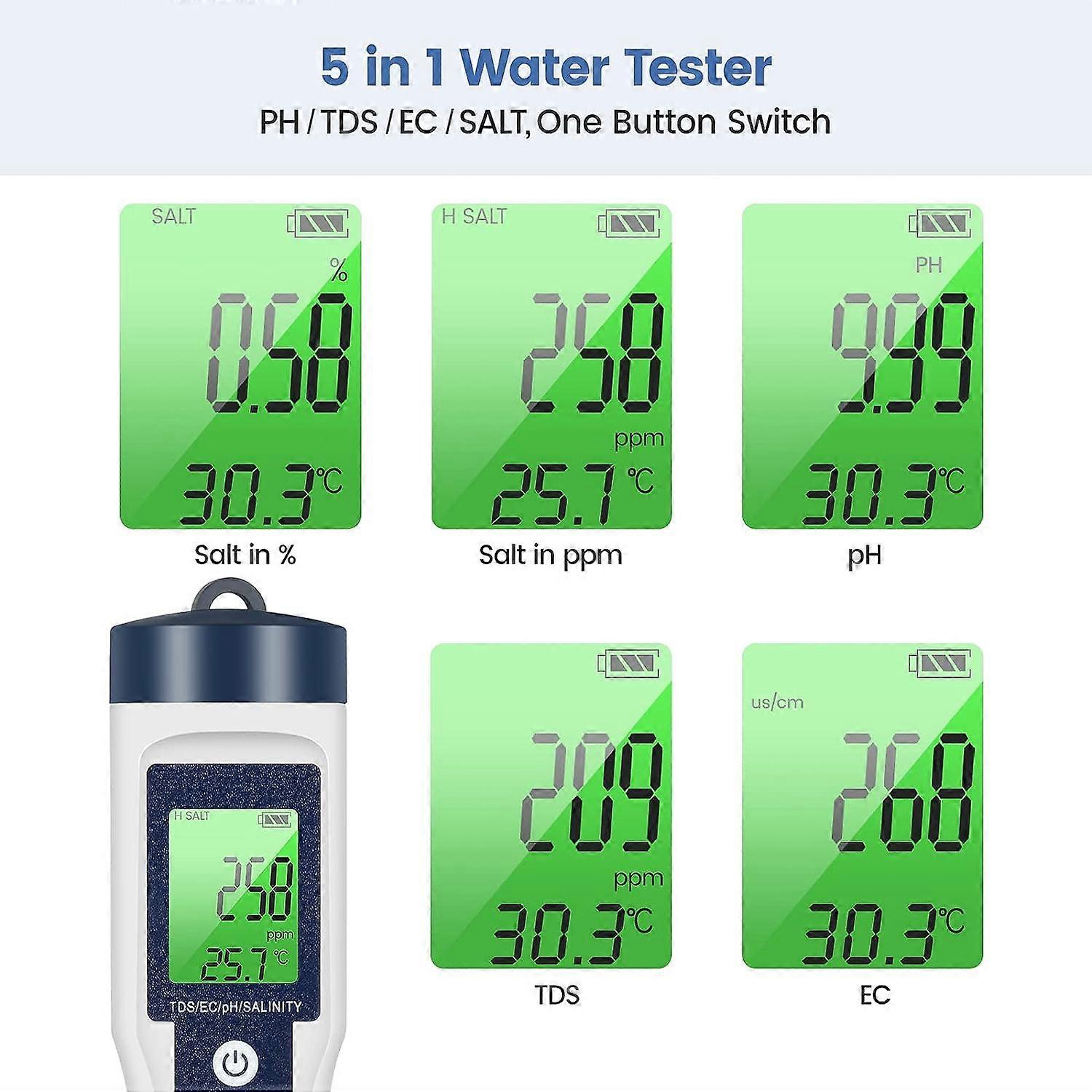 PH TDS Meter, 5-in-1 Water Quality Tester PH/TDS/EC/SALT/Temperature ...