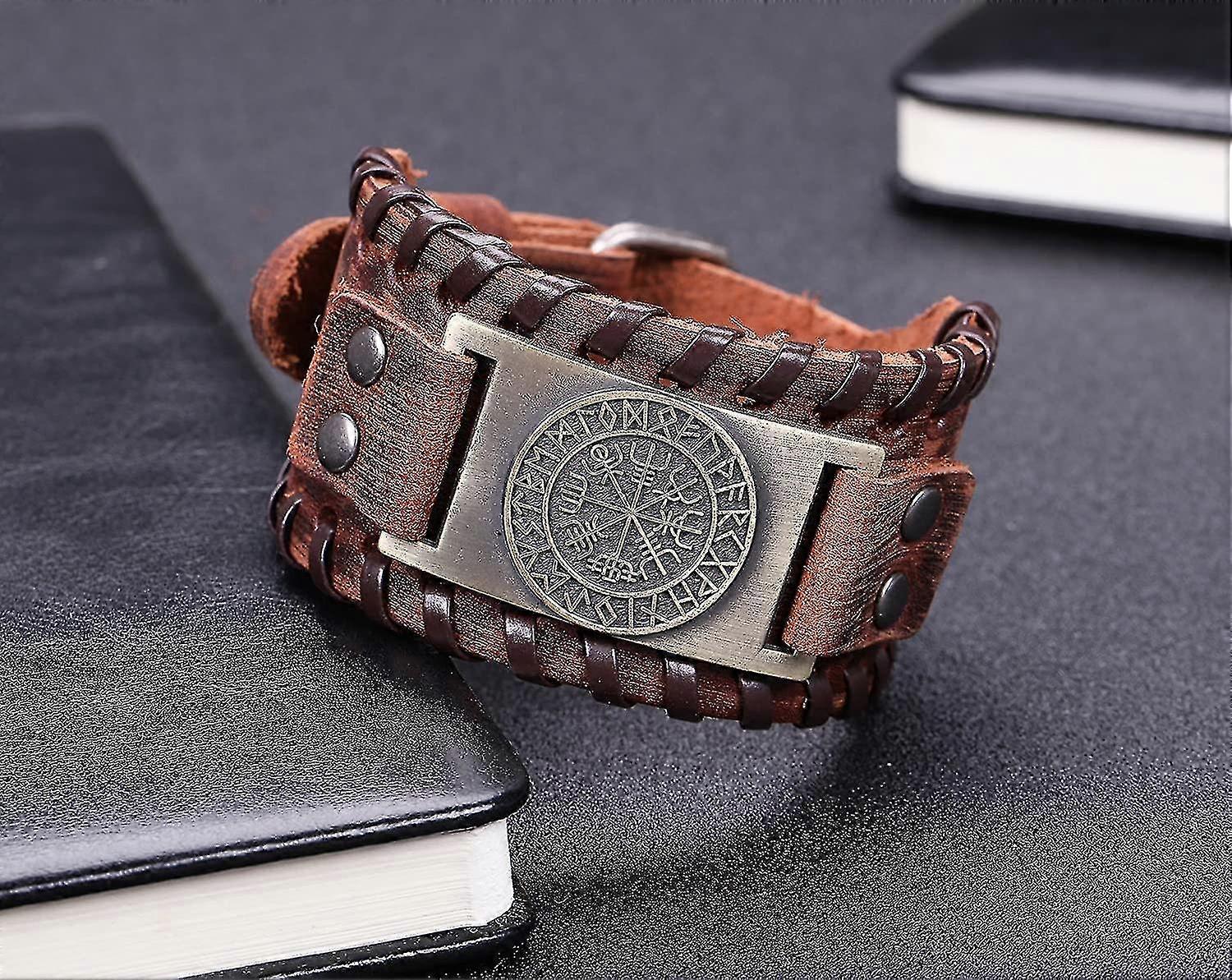 Campass Wide Leather Bracelets, Nordic Runes Vintage Jewelry | Fruugo UK