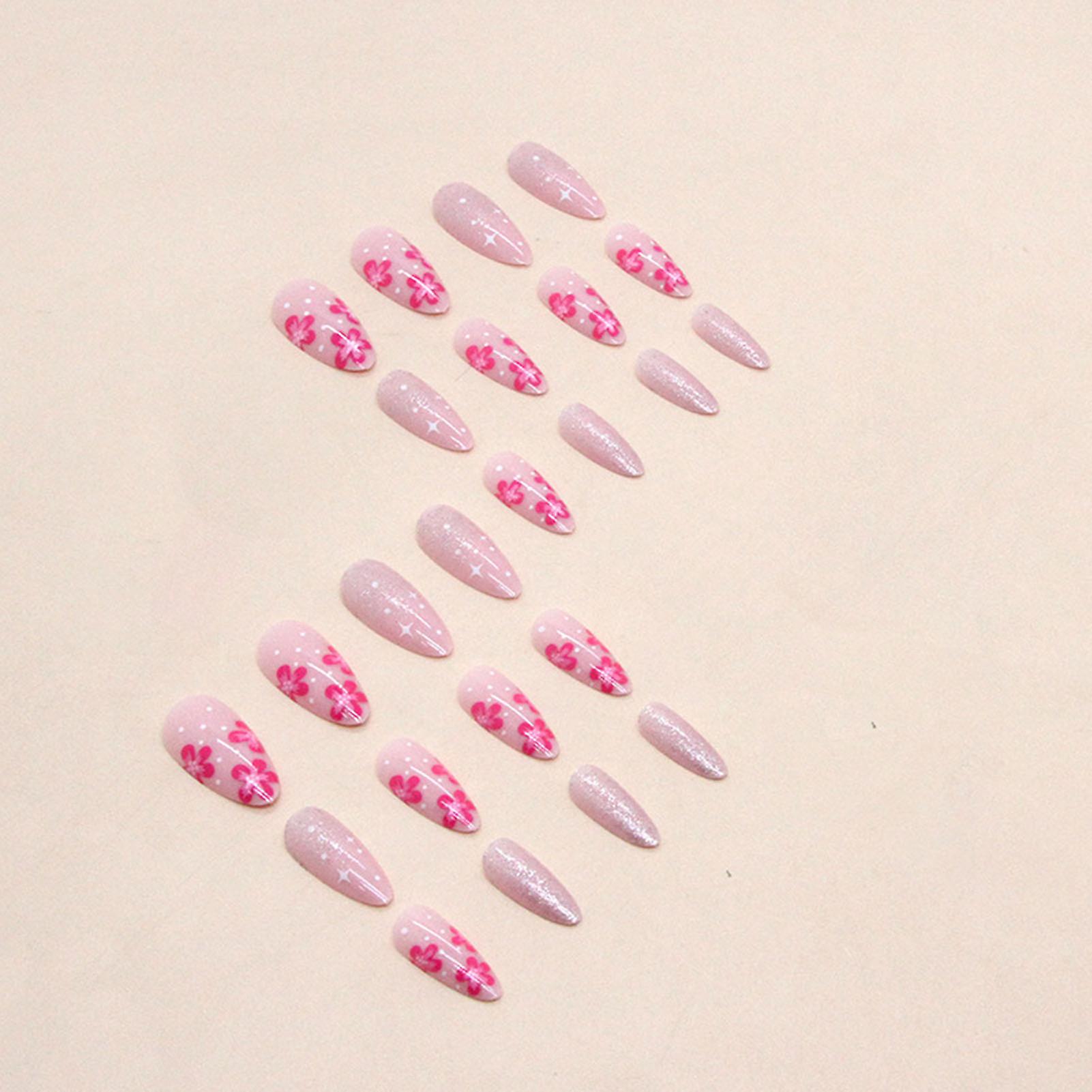 Pink Sakura Almond Fake Nails Sweet & Charming Reusable False Nails For ...