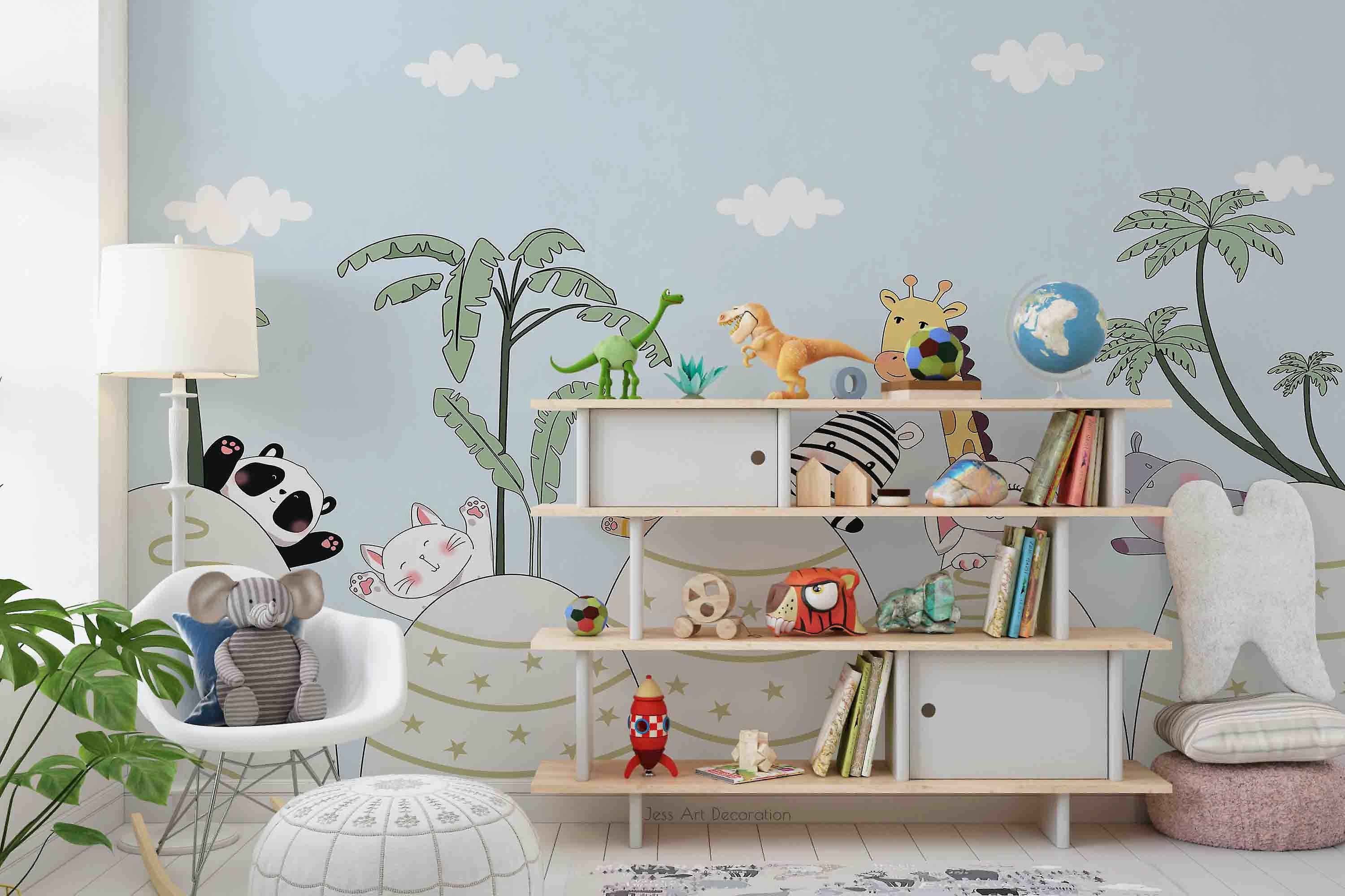 3D Tecknad film djur giraff panda berg kokosnötträd väggmålning tapeter | Fruugo SE