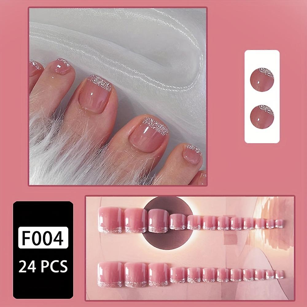 24pcs Ice Transparent Pink Press On Toenails Short Square Fake Toenails ...