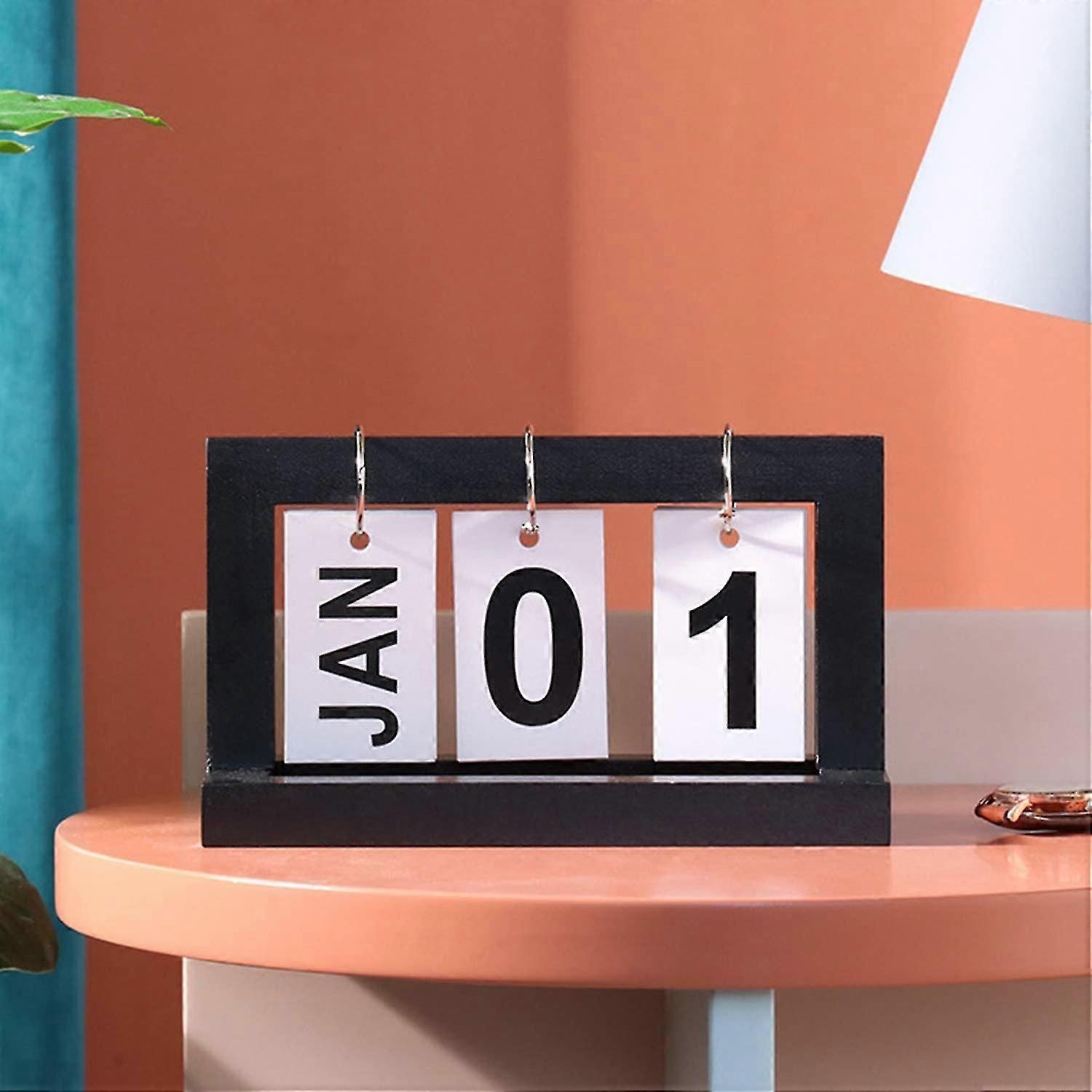 Wooden Perpetual Desk Calendar Desk Office Decor Creative Reusable Flip ...