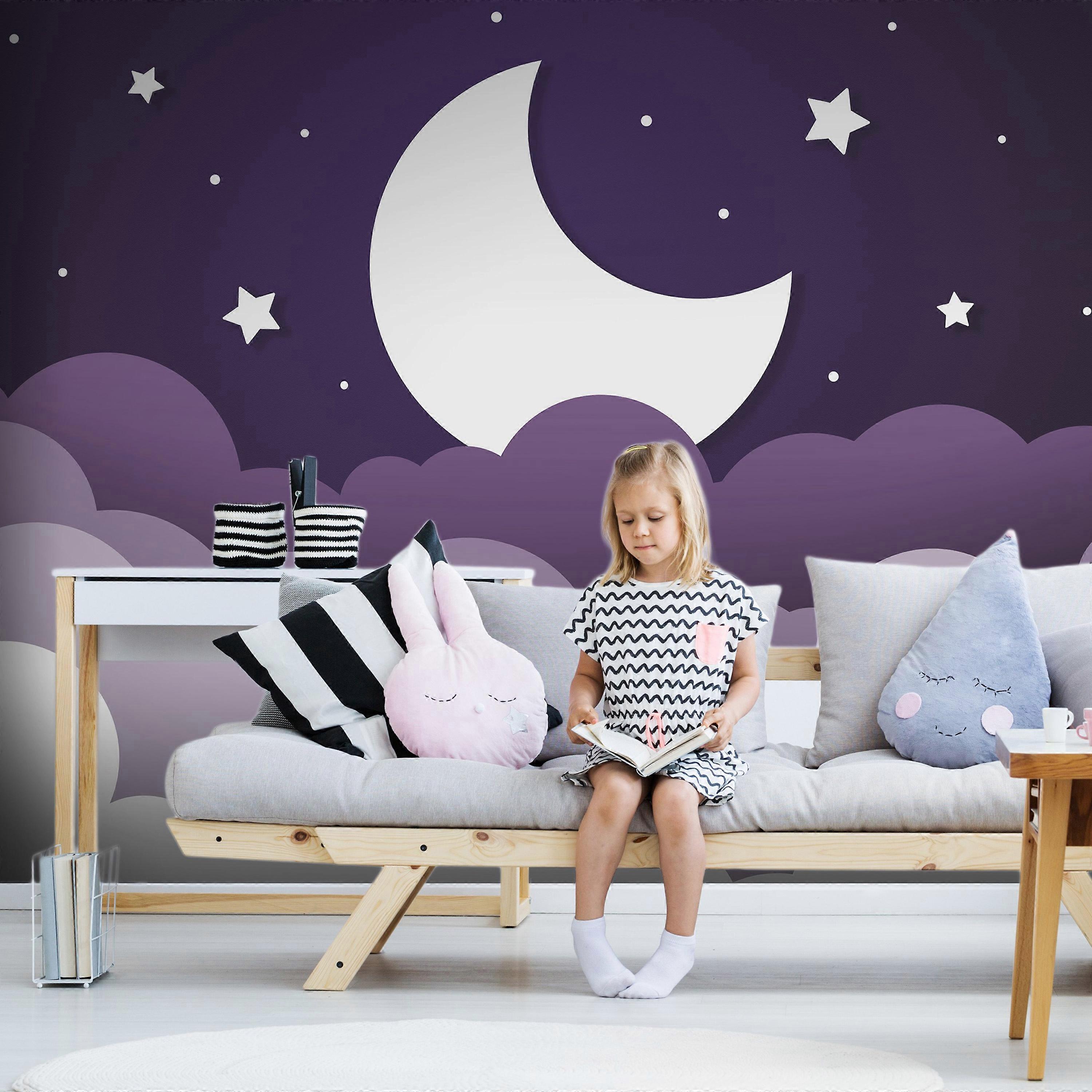 Wall Mural - Moon dream - clouds in a purple sky with stars for ...
