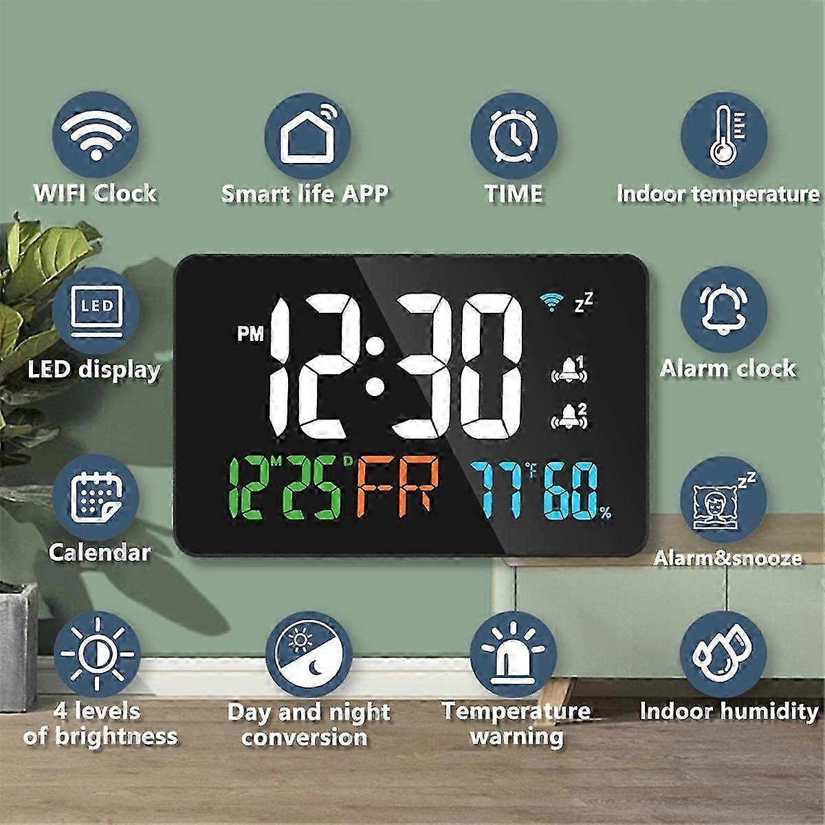 Digital Clock Alarm Clock WiFi Clock, Extra Large Letters, Temperature ...