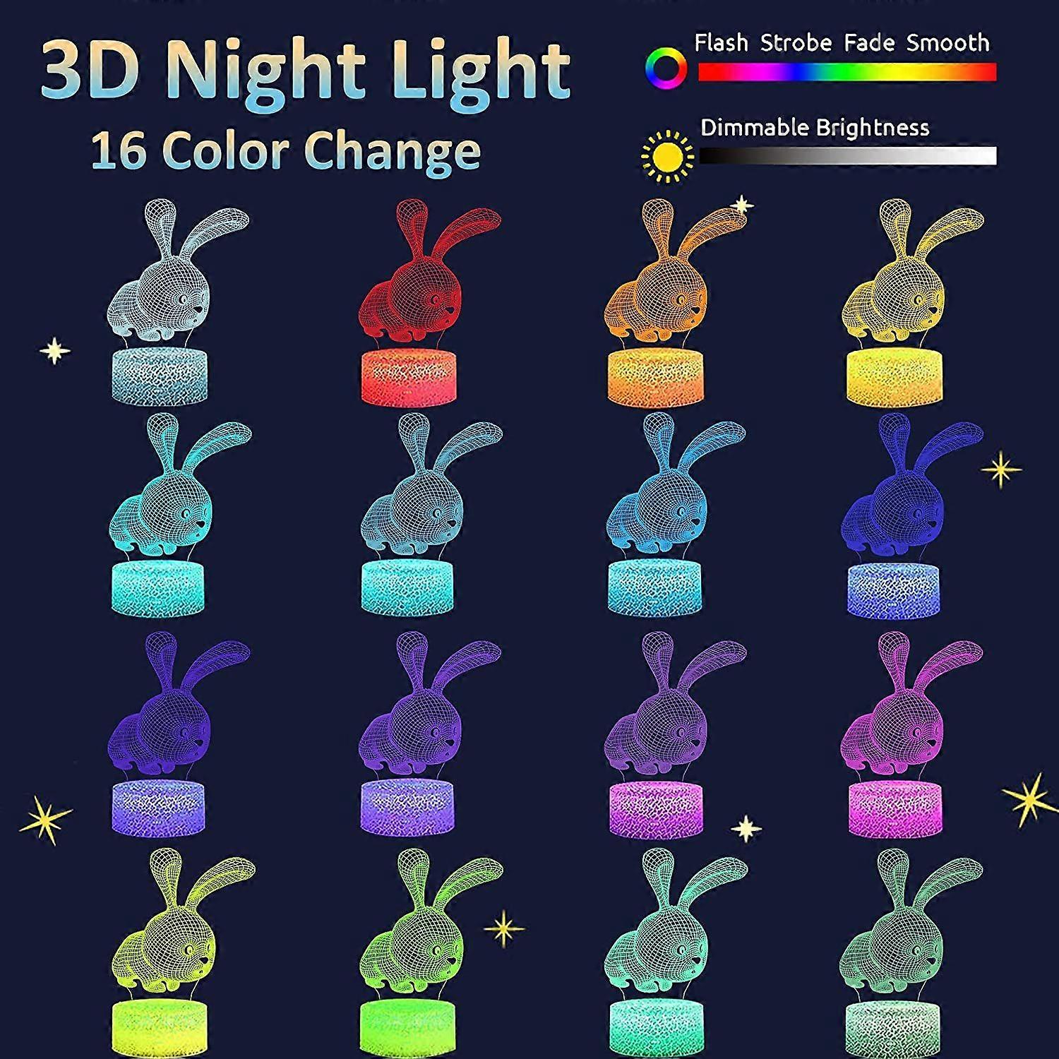 Rabbit 3D Illusion Lamp, Bunny Night Light with Remote Control + Timer ...
