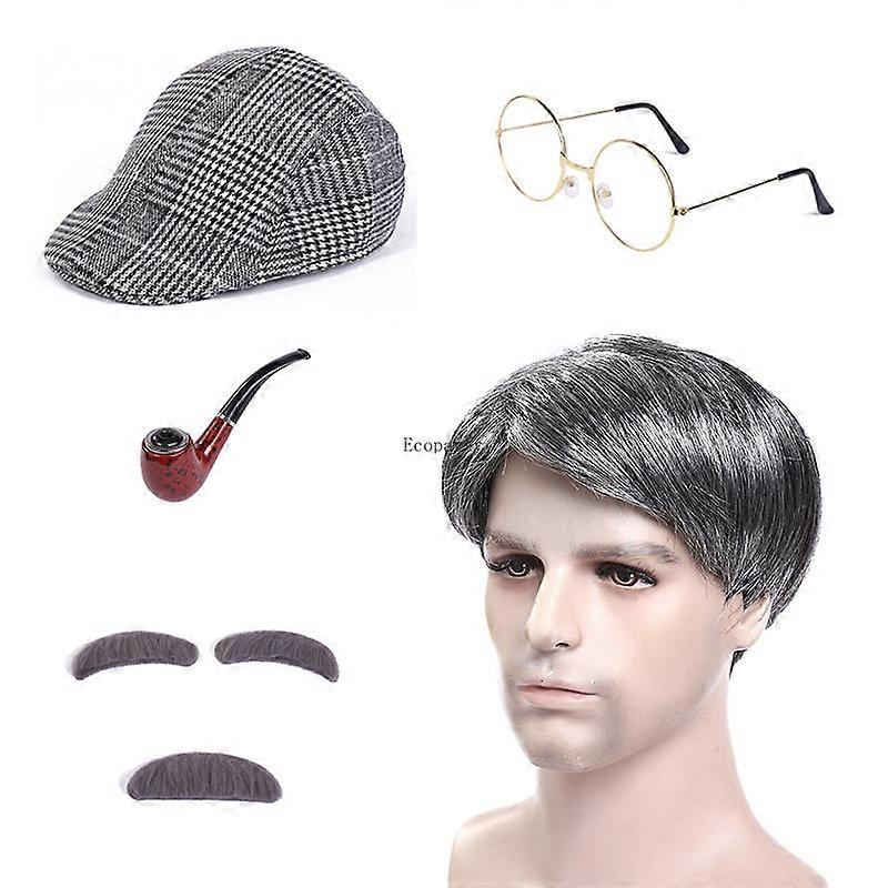 Old Man Wig and Mustache Set Grandpa Costume Accessories Kit with Grey ...