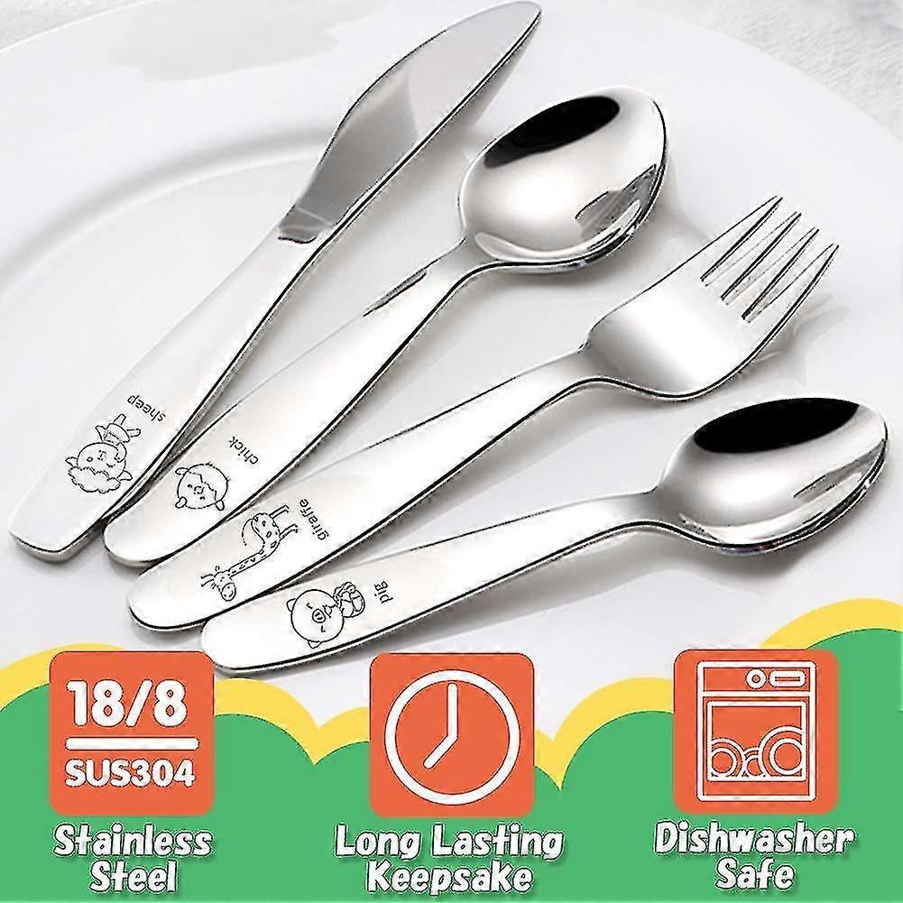 Kids Silverware Set Toddler Utensils 18/8 Stainless Steel 4pcs Fork Spoon And Knife Cutlery ...