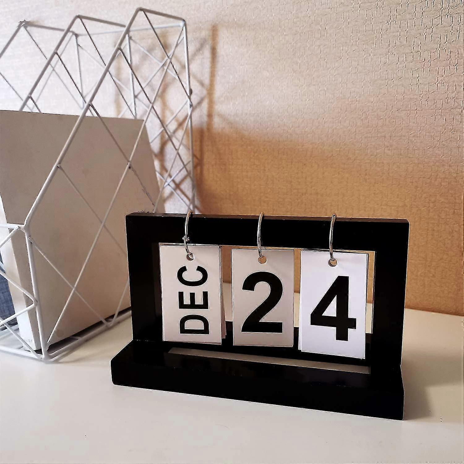 Wooden Perpetual Desk Calendar Desk Office Decor Creative Reusable Flip ...