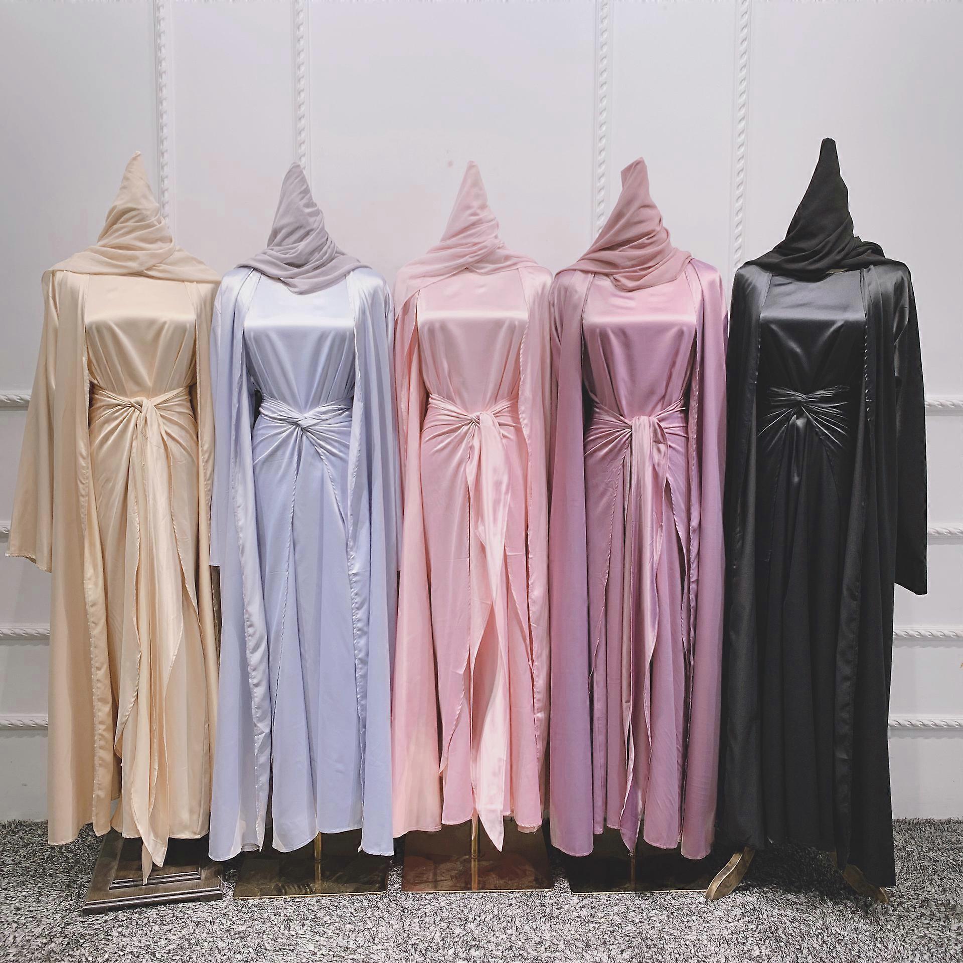 3 Pieces Matching Muslim Sets Eid Satin Abayas For Women Dubai Hijab ...