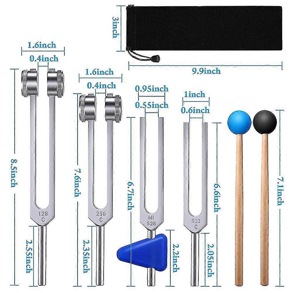 4 Pack Tuning Fork Set(128 Hz,256 Hz,512 Hz,528 Hz)with Tuning Fork Hammer For Sound Sound ...