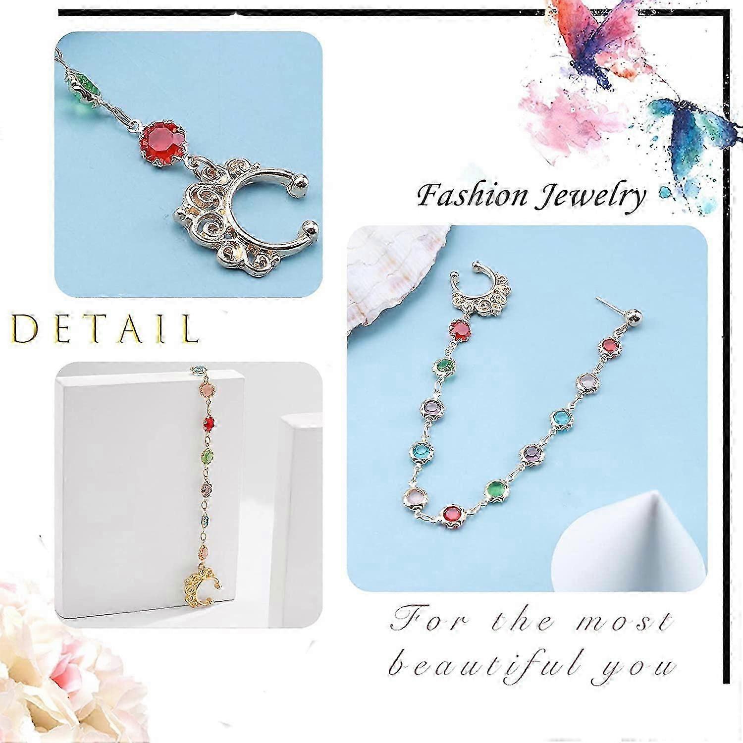 Punk Fake Nose Ring Chain Colorful Crystal Dangle Nose Hoop Ring with ...