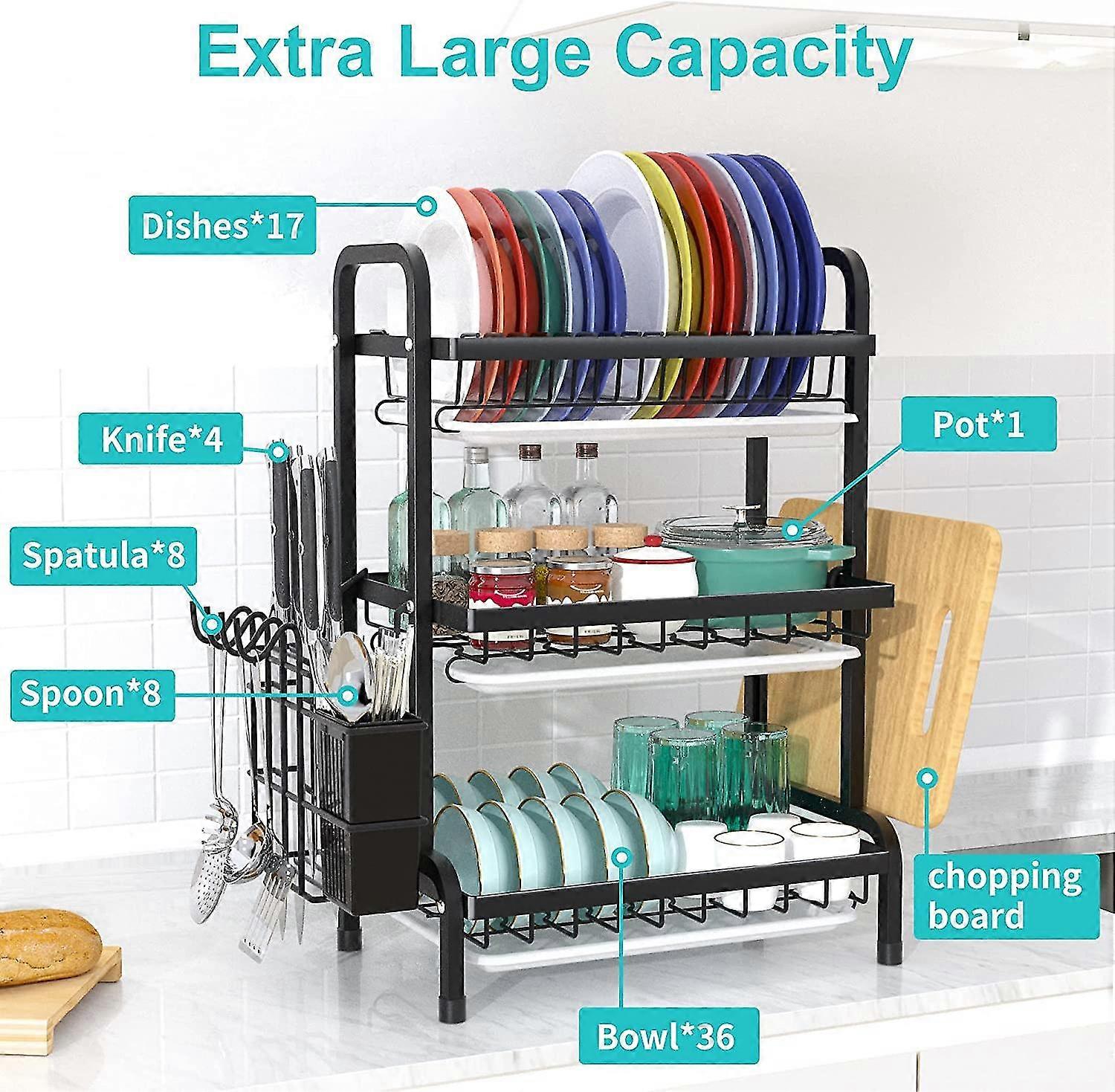 Dish Drainers Rack With Drip Tray, 3 Tier Large Dish Drying Rack With ...