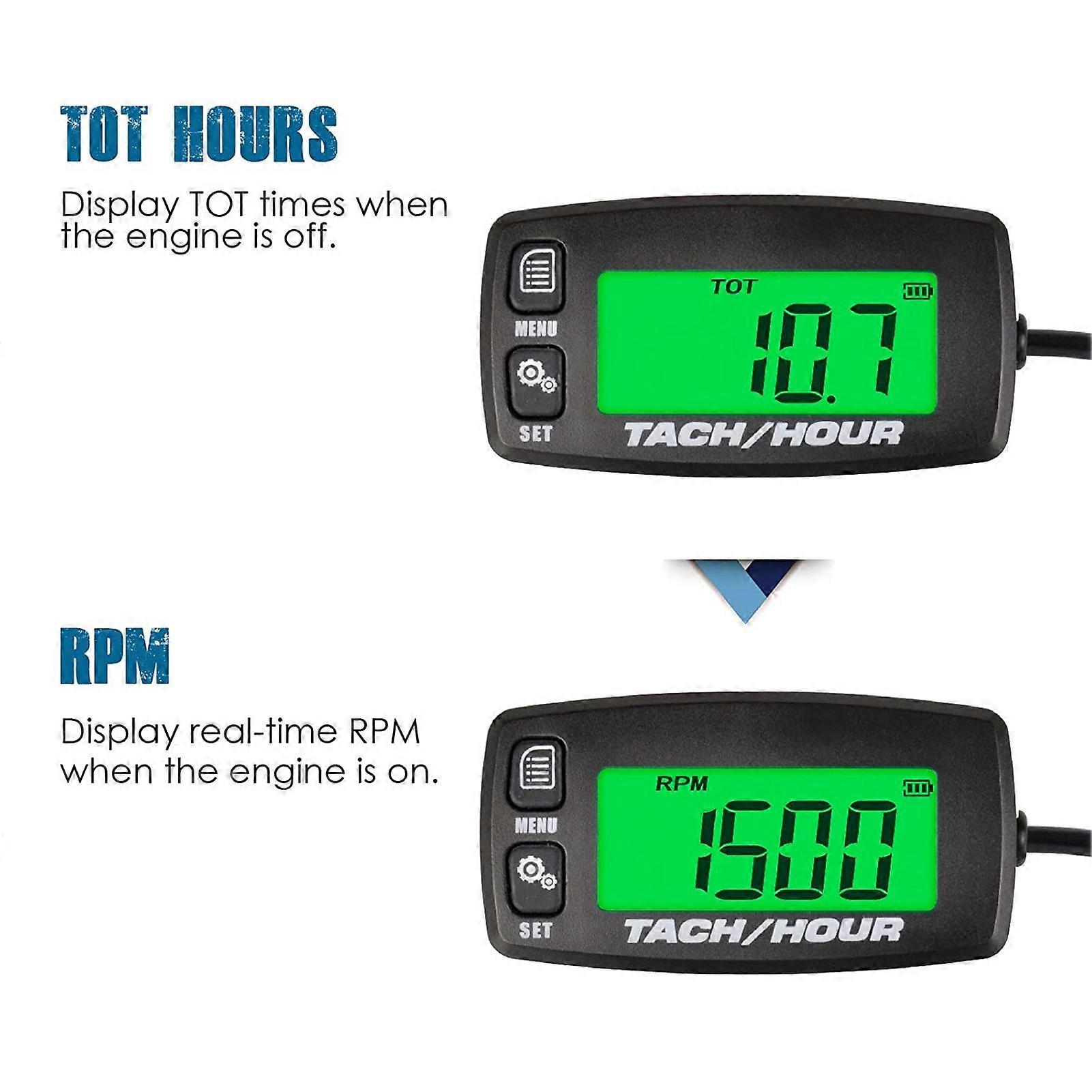 LCD Backlit Gauge Resettable Inductive Tachometer Hour Meter for 2/4 Stroke Engines | Fruugo UK