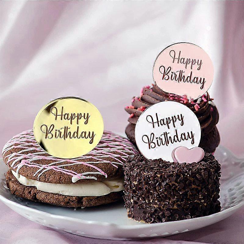 10pcs Happy Birthday Cake Topper Round Mirror Acrylic Cupcake Toppers ...