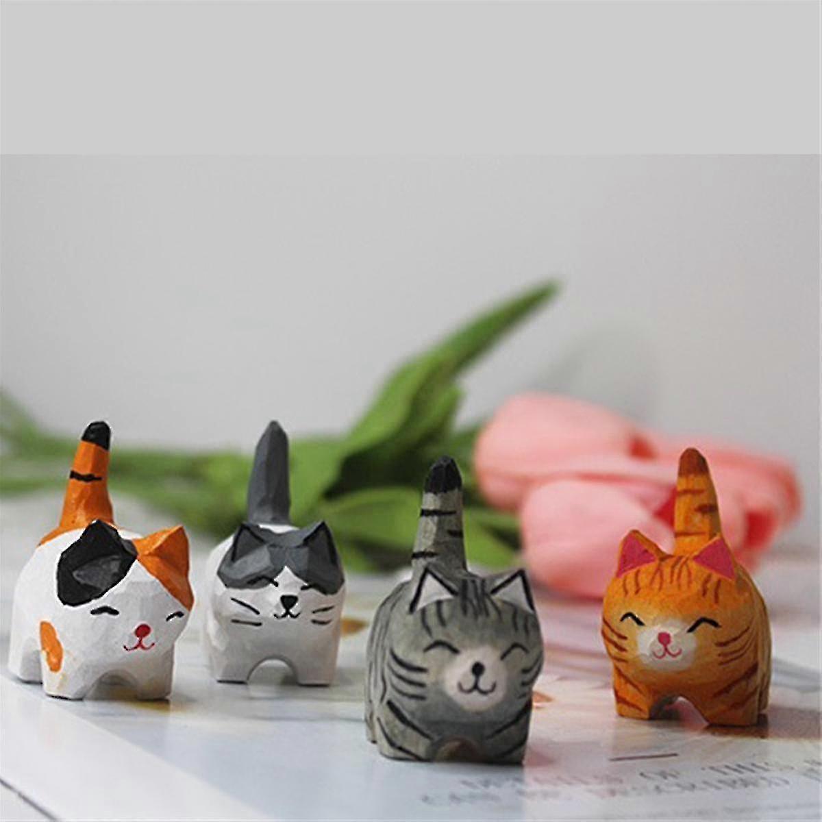 Wooden Cats Figurines Sculpture Statue Lovely Small Carved Orange Cats ...