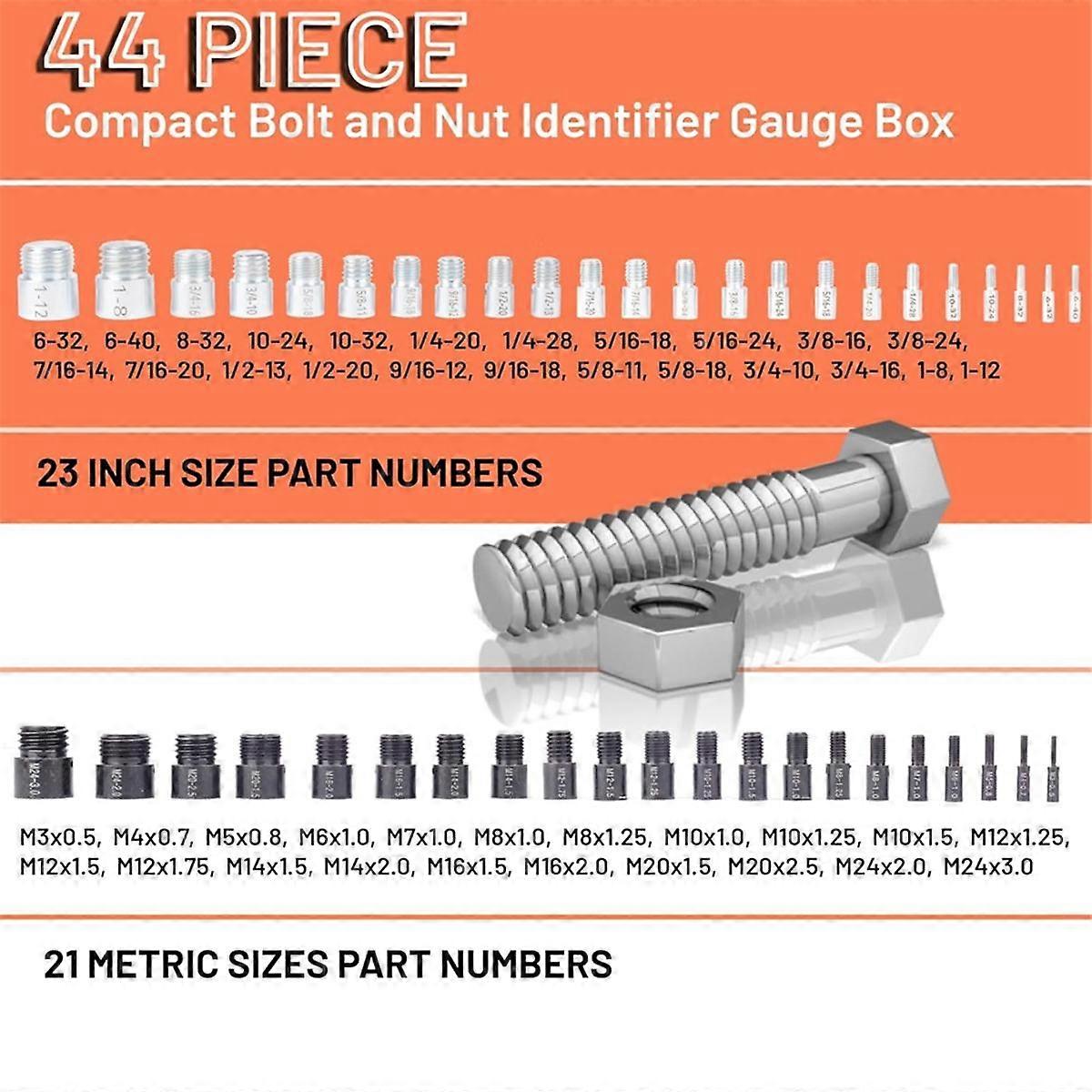 44Pcs Nut and Bolt Standard and Metric Set Thread Identifier Screw Size ...