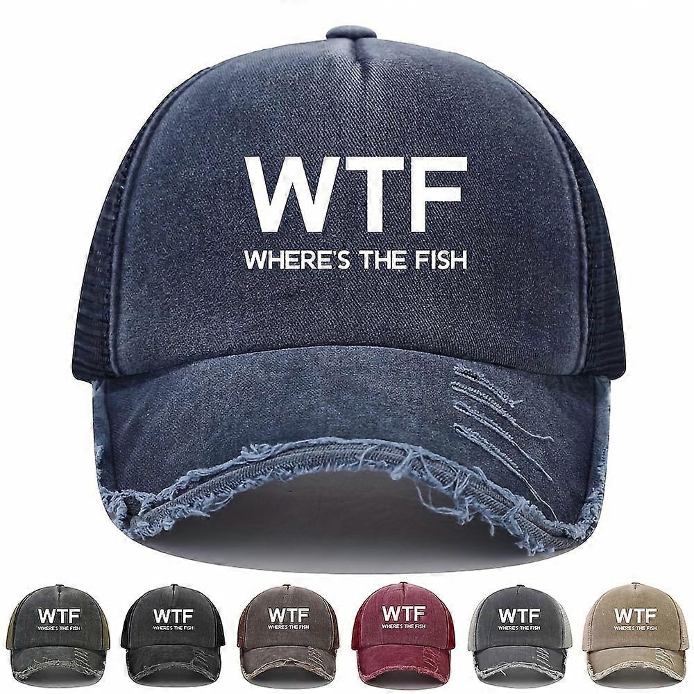 Where's The Fish Baseball Cap Raw Hem Printed Washed Distressed ...