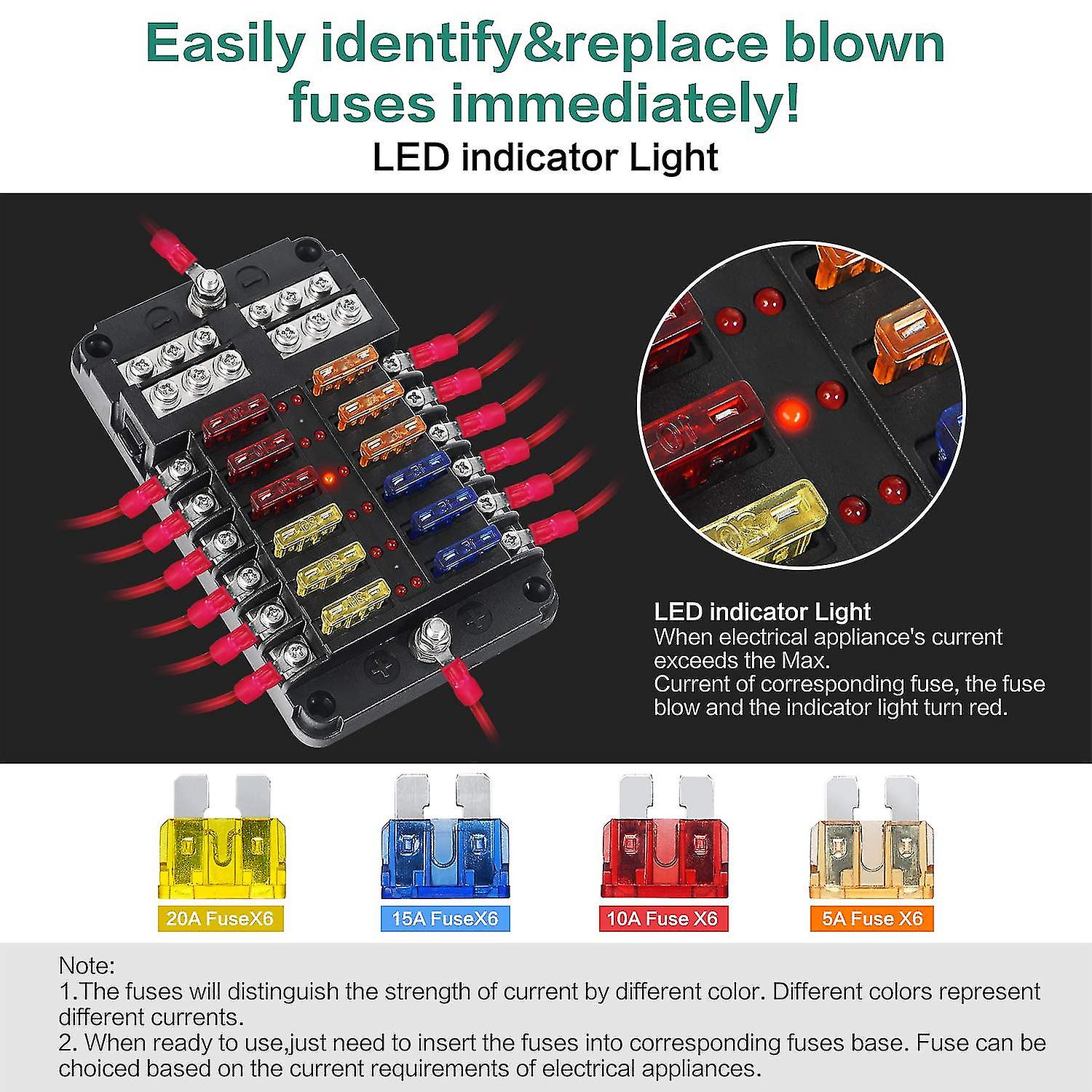 12 Way Fuse Box, 12v Fuse Holder, Ato 32v 100a With 12 Led Indicator ...