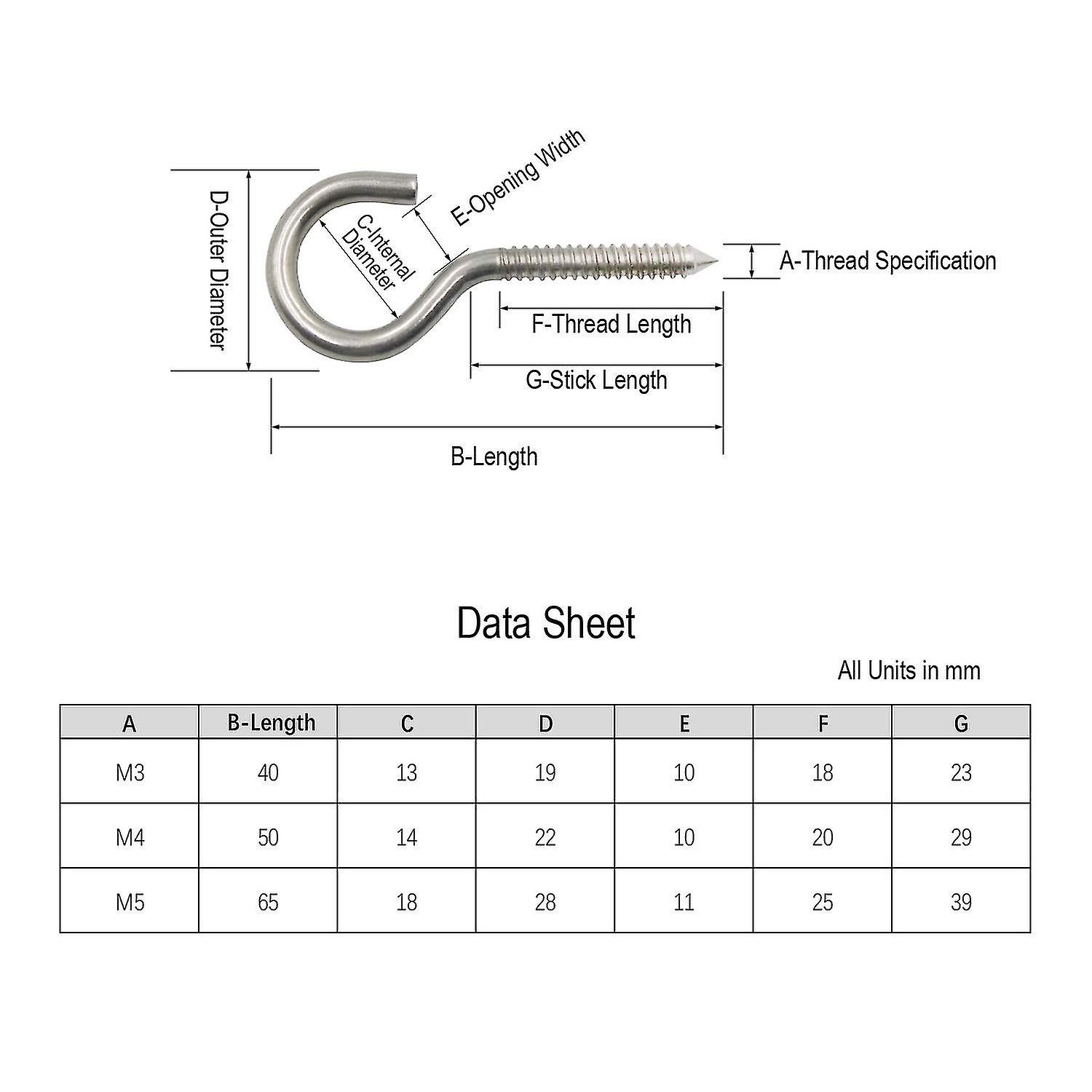 30 Pcs Stainless Steel (304) Screw-in Hooks 3 Sizes 40mm 50mm 65mm ...