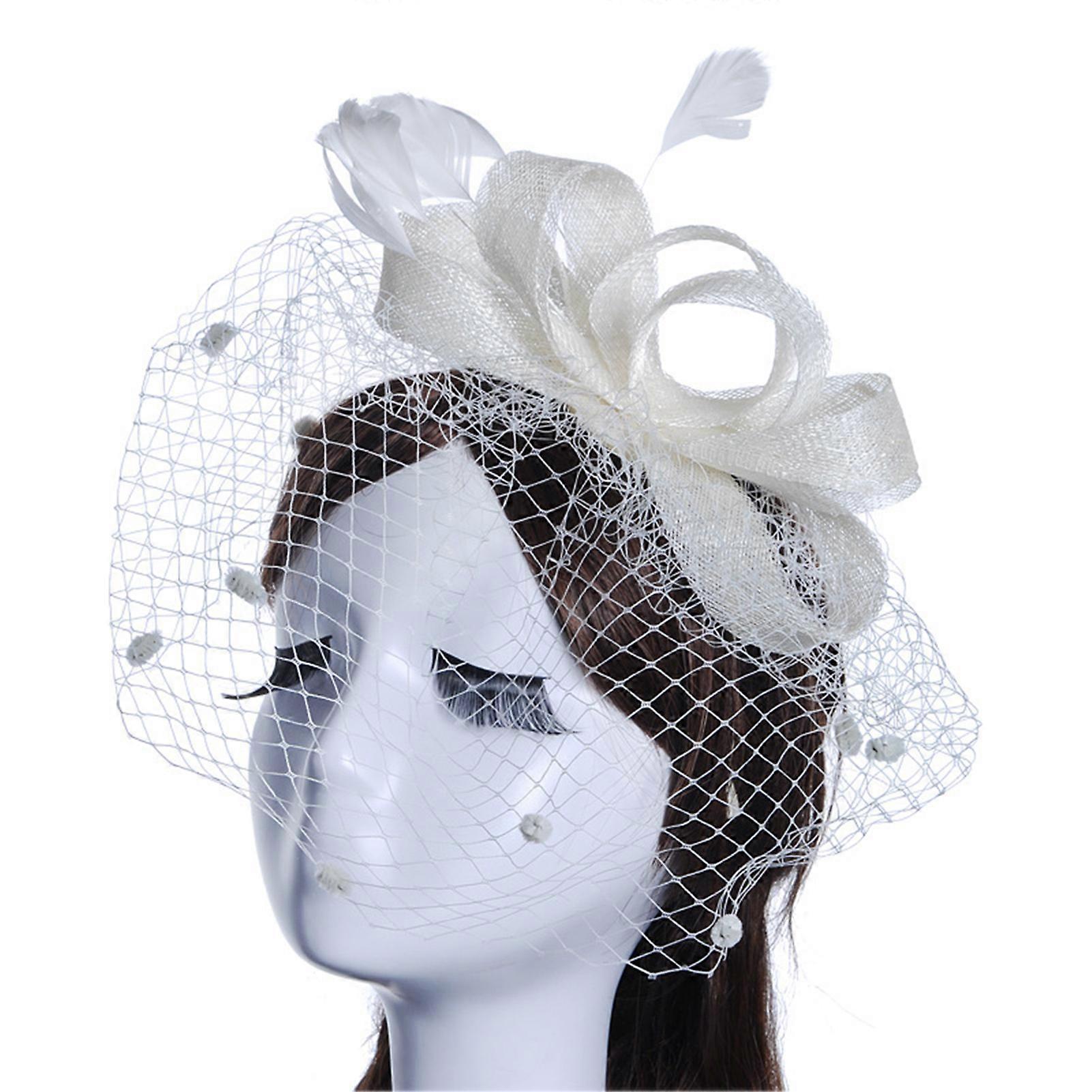 Non-slip Exquisite Fascinator Hat with Hair Hoop Faux Feather Hemp Mesh ...