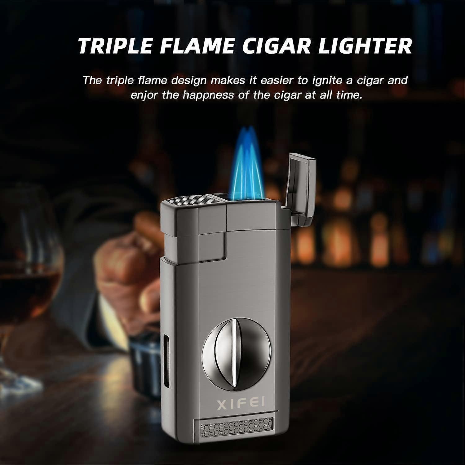 Cigar Lighter, Triple Jet Flame Torch Lighter, V-Shaped Cut With Cigar ...