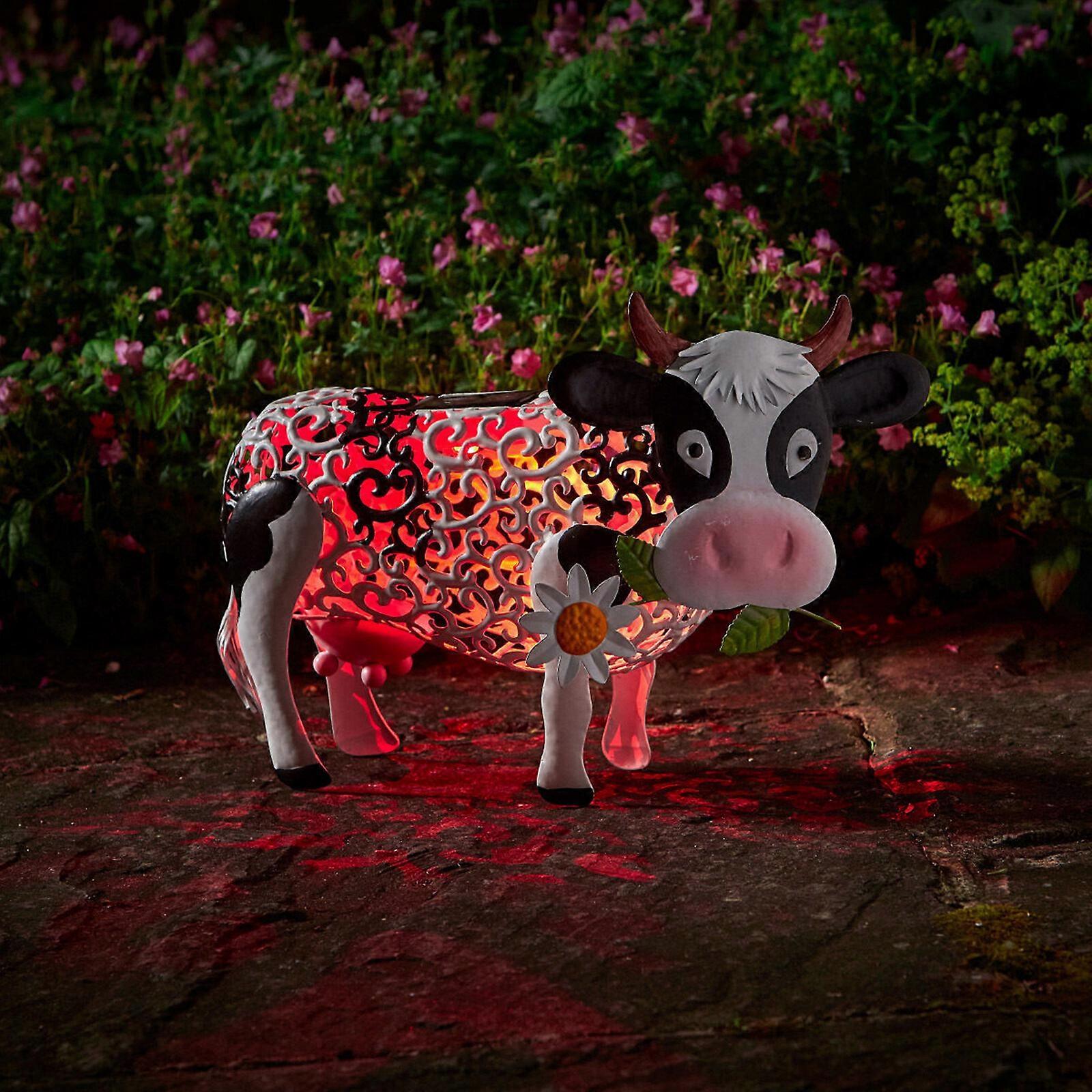 Solar Powered Cow Garden Statue Resin Cow Figurine with LED Solar Light ...