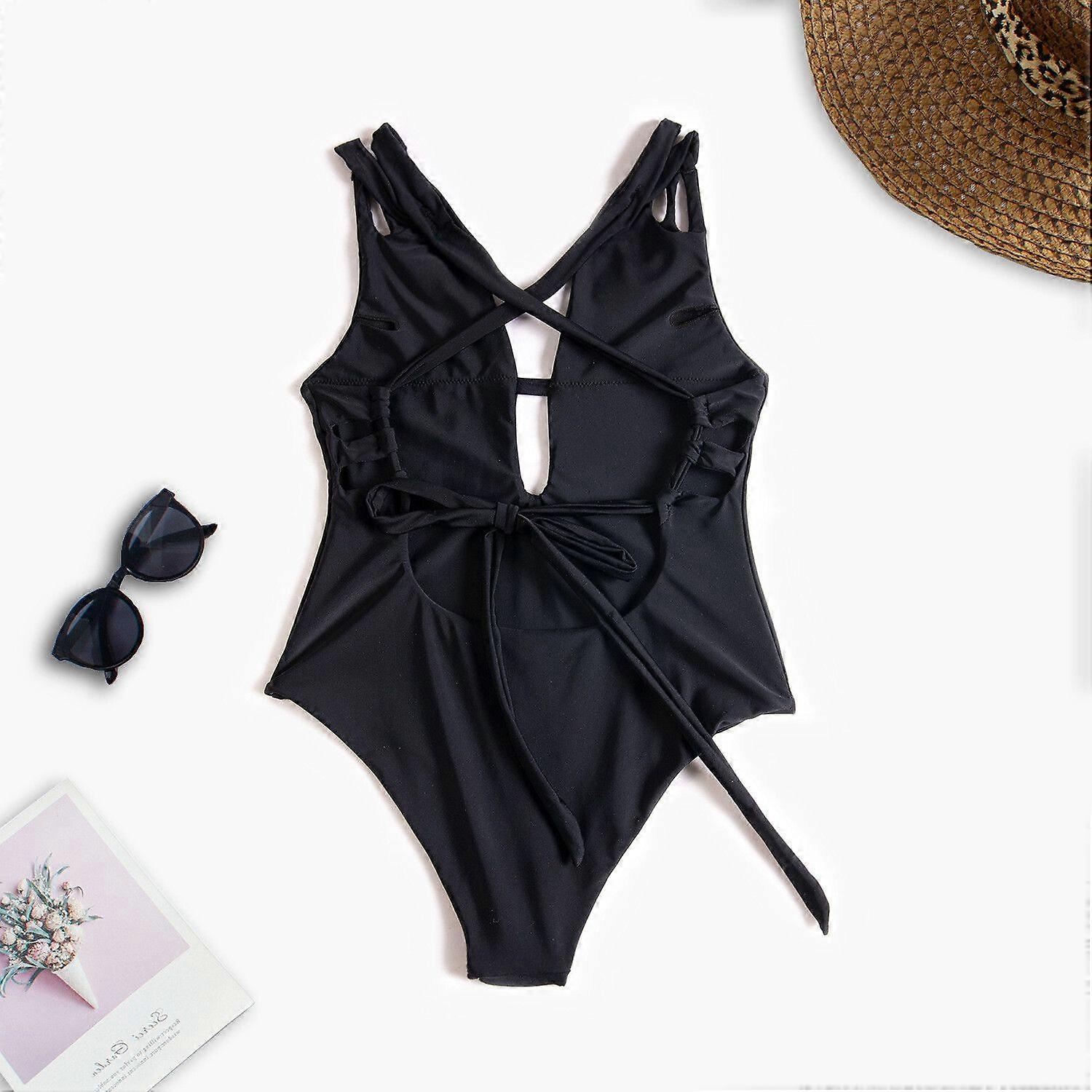 Women's V Neck One Piece Swimsuit Lace Up Monokini open back solid ...