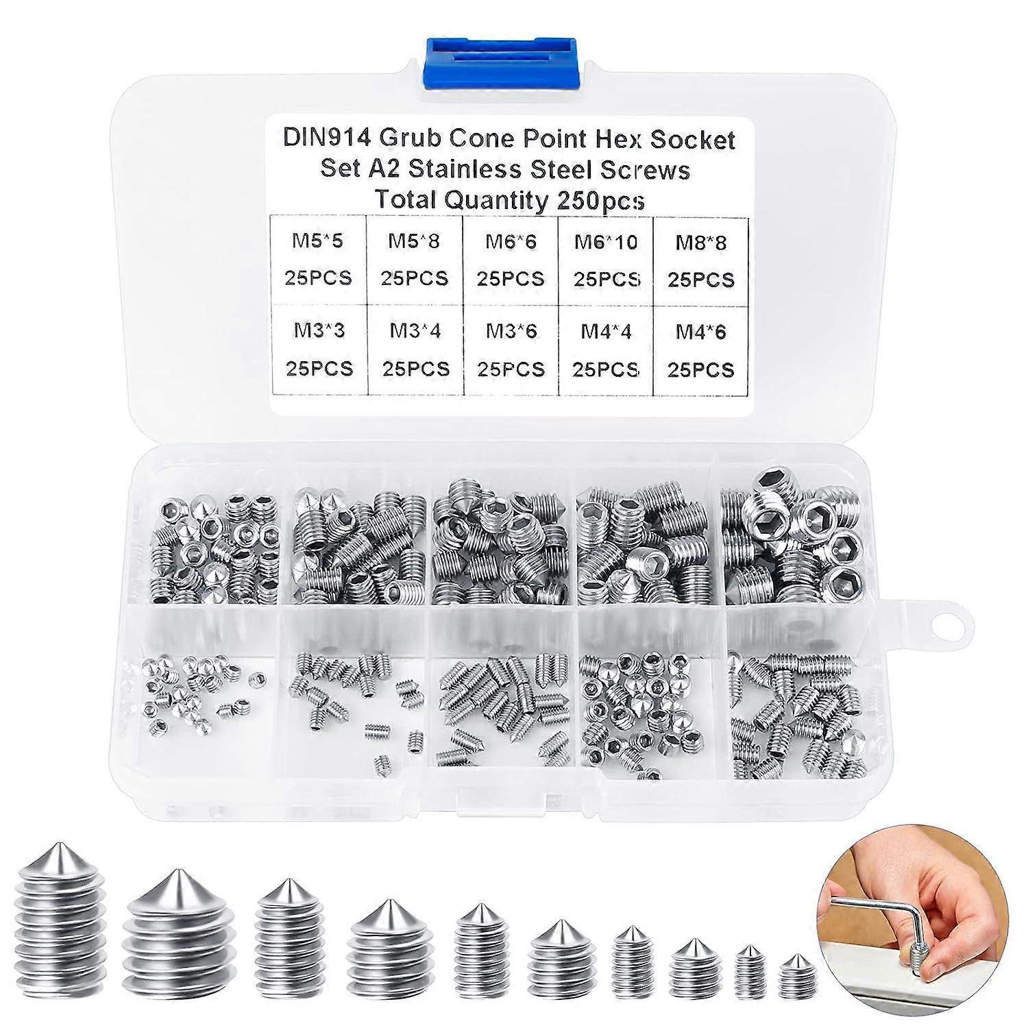 Hexagonal Grub Screws 250 Pcs Grub Screws Assortment M3 M4 M5 M6 M8 Hex Socket Set Point Screws ...