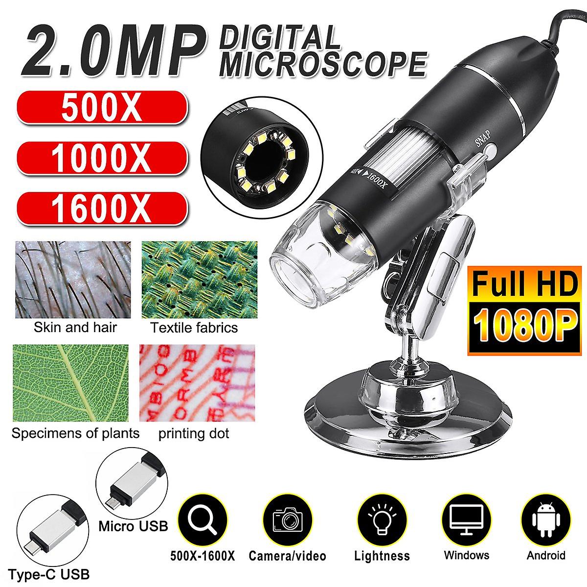 Adjustable 1600x 2mp 1080p 8 led digital microscope type-c/micro usb ...
