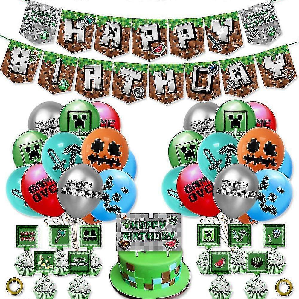Minecraft Game Theme Balloons Banner Cake Topper Ribbon Set Birthday ...
