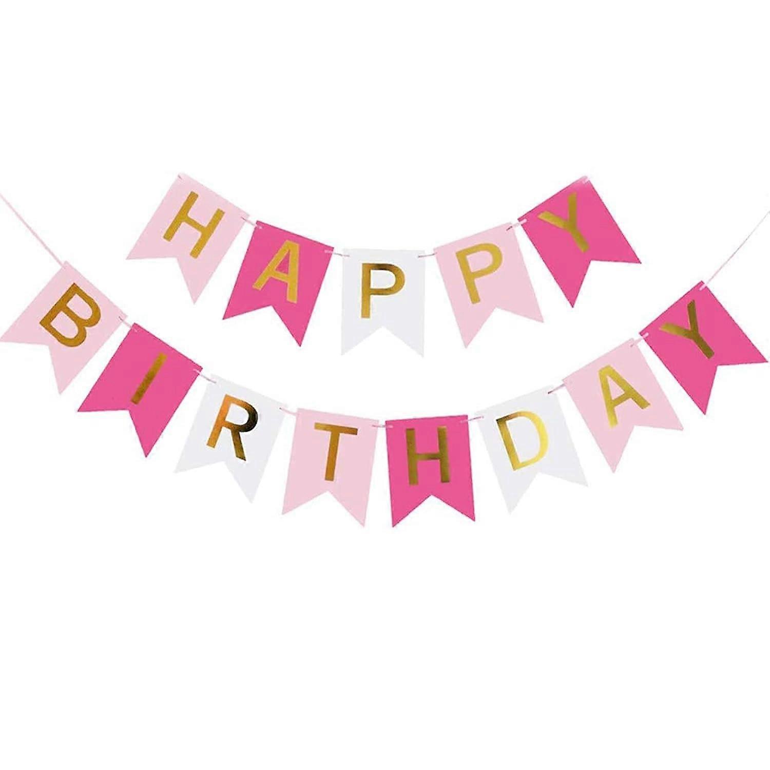 Pink Happy Birthday Banner with Gold Letters, Banner for Party ...