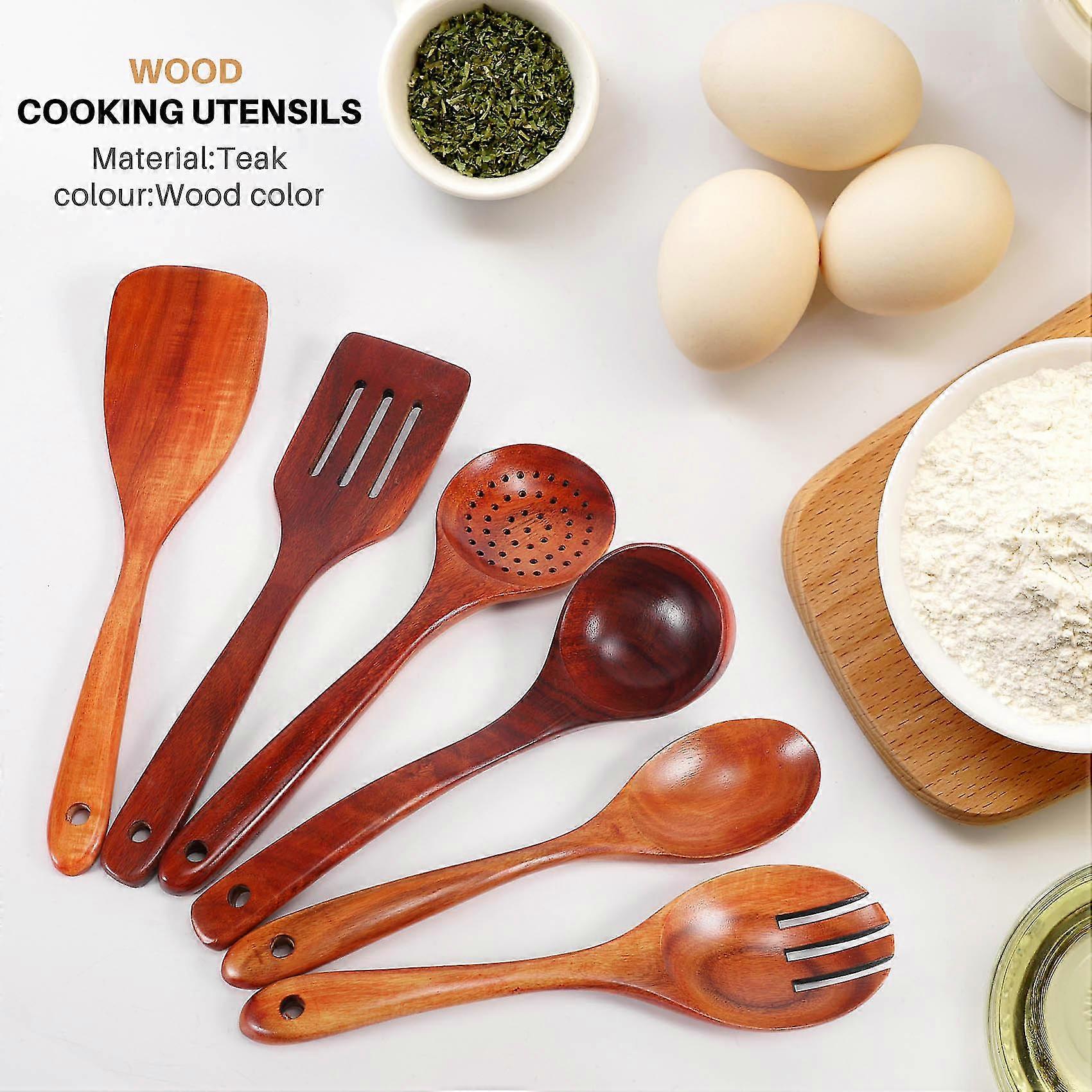 Wooden Utensils Set Of 6, Large Kitchen Cooking Utensil For Non Stick ...