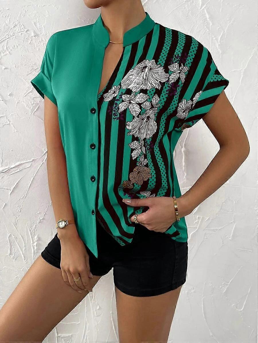 Women Blouse Floral Striped Print Button Up Shirt Loose Short Sleeve Tops Green | Fruugo US