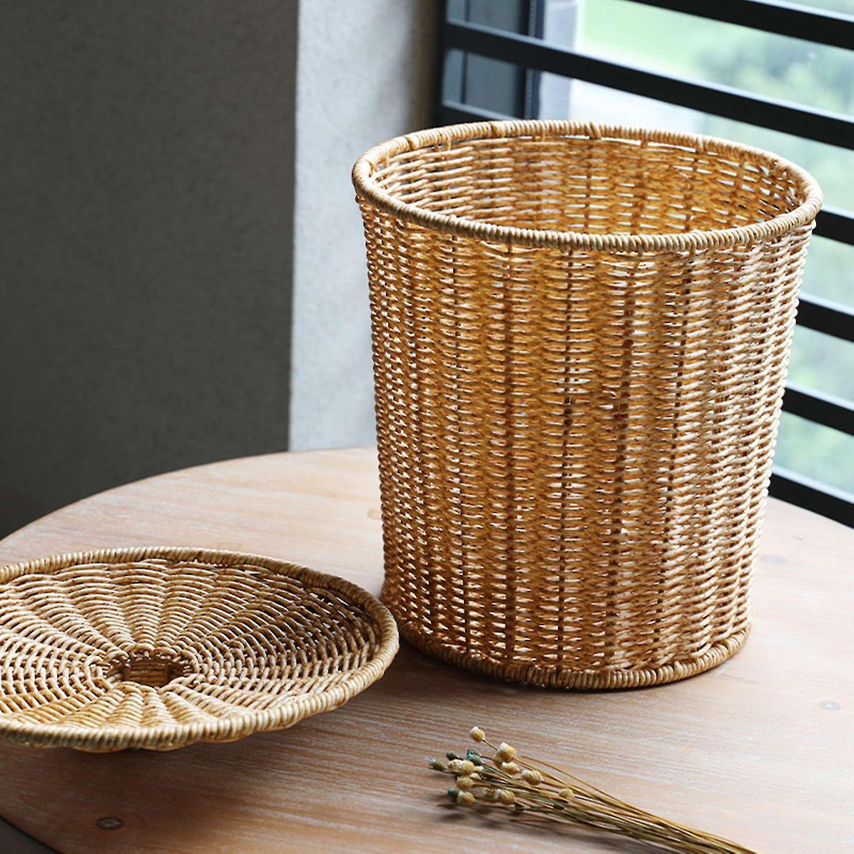 Woven Basket Trash Can Round Rattan Waste Basket With Lid Planter Woven ...