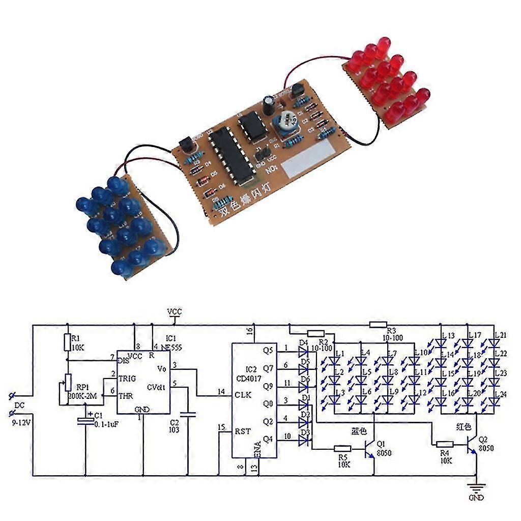 NE555 + CD4017 Dual LED Red Blue Strobe Flashing Lights DIY Kit for DC ...
